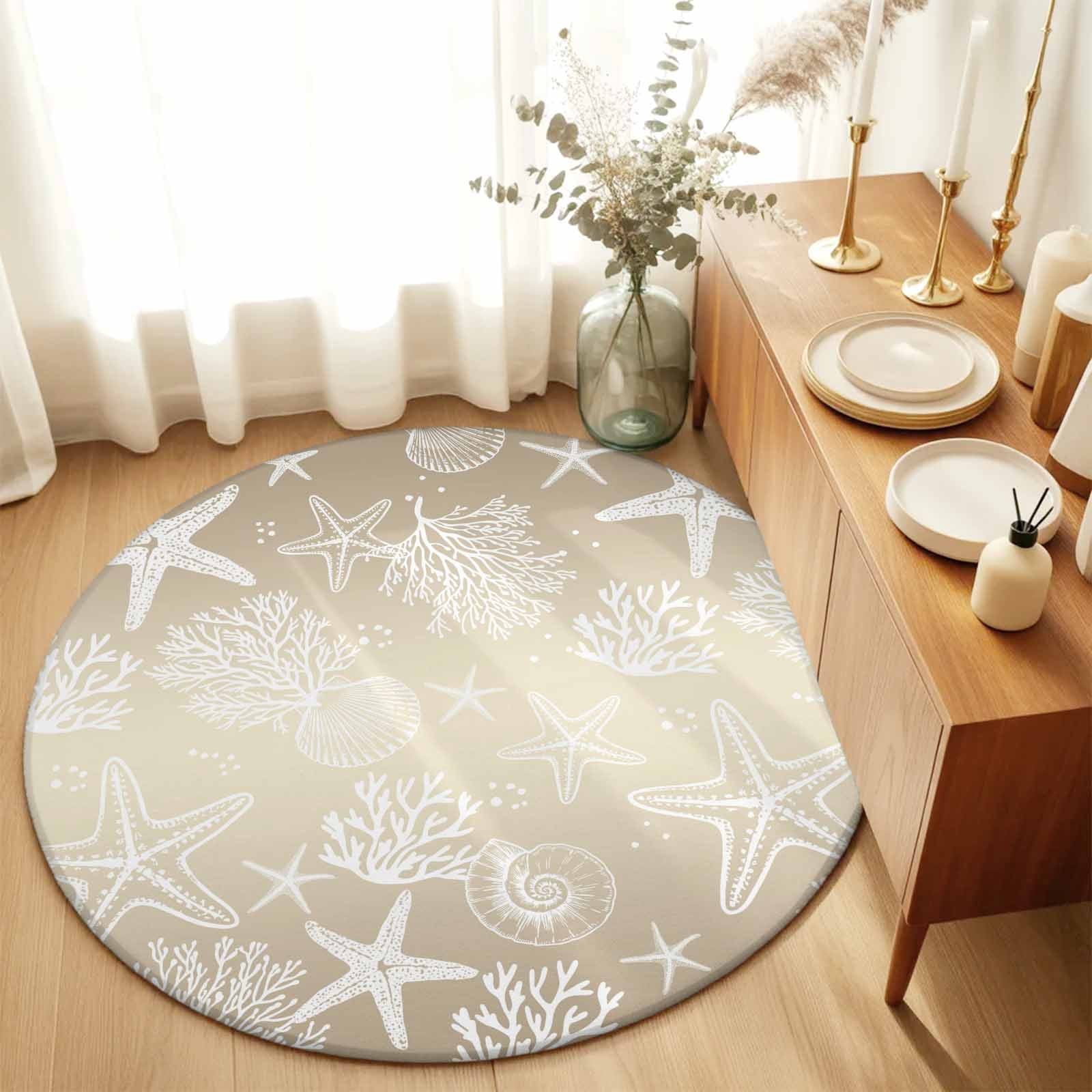 Coastal Starfish Shell Coral Round Rug 3ft Gradient Brown Backdrop ...