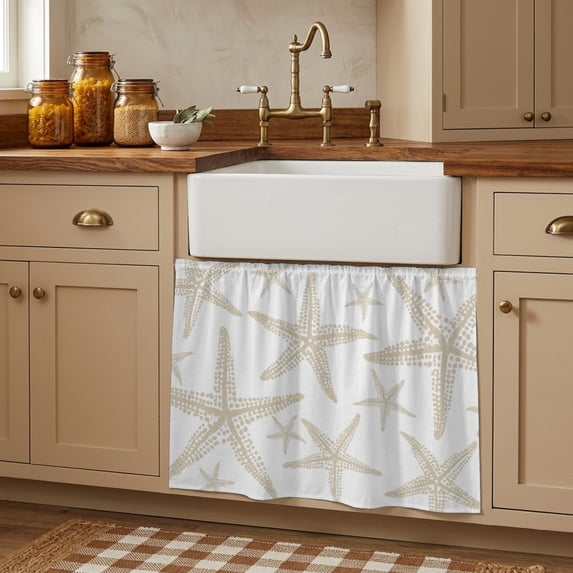 Coastal Starfish Small Cabinet Curtains 10"W x 11"L, Beige Nautical ...