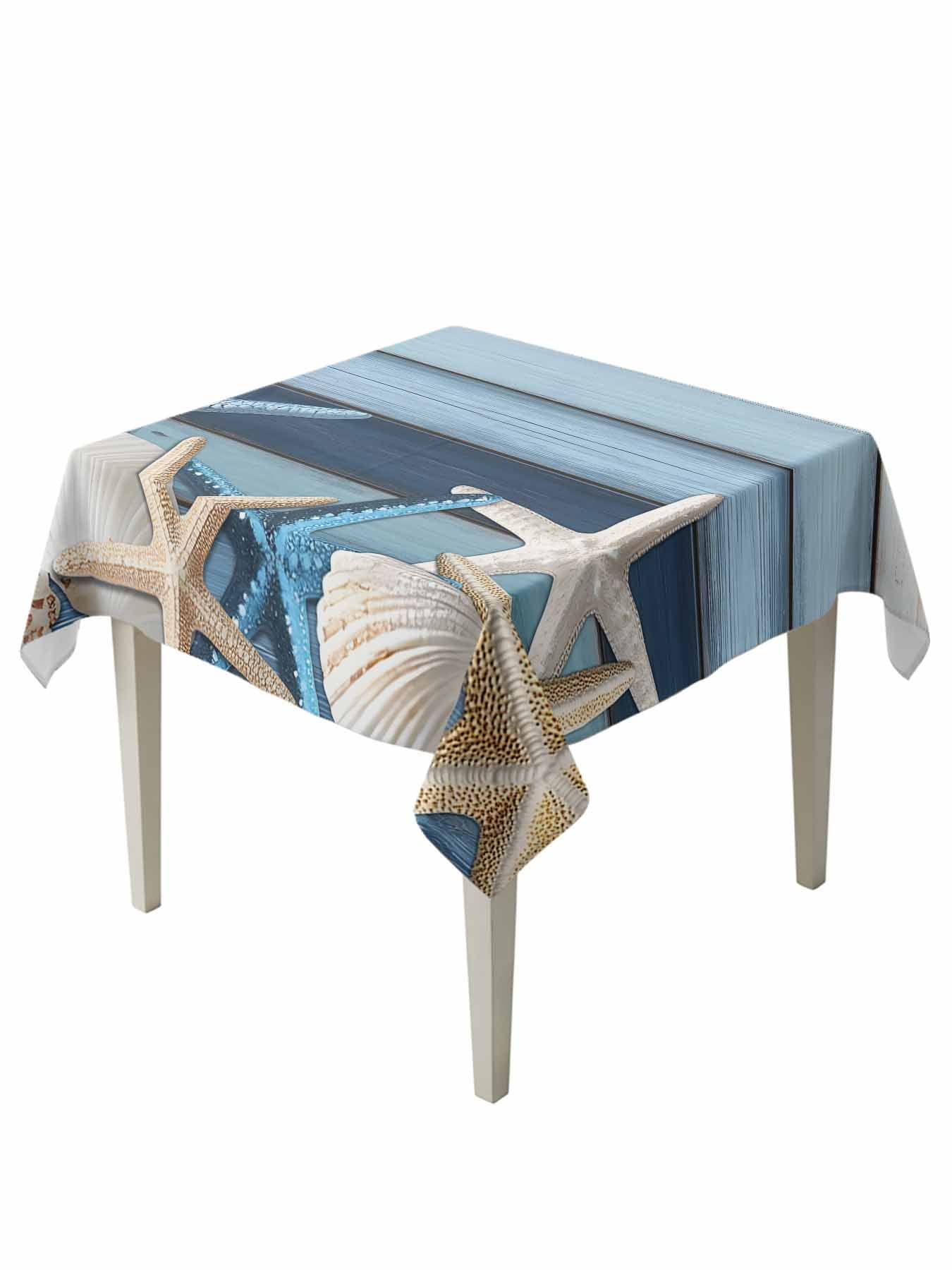 Coastal Starfish Table Cloth, Blue Wooden Grain Seashells Country ...