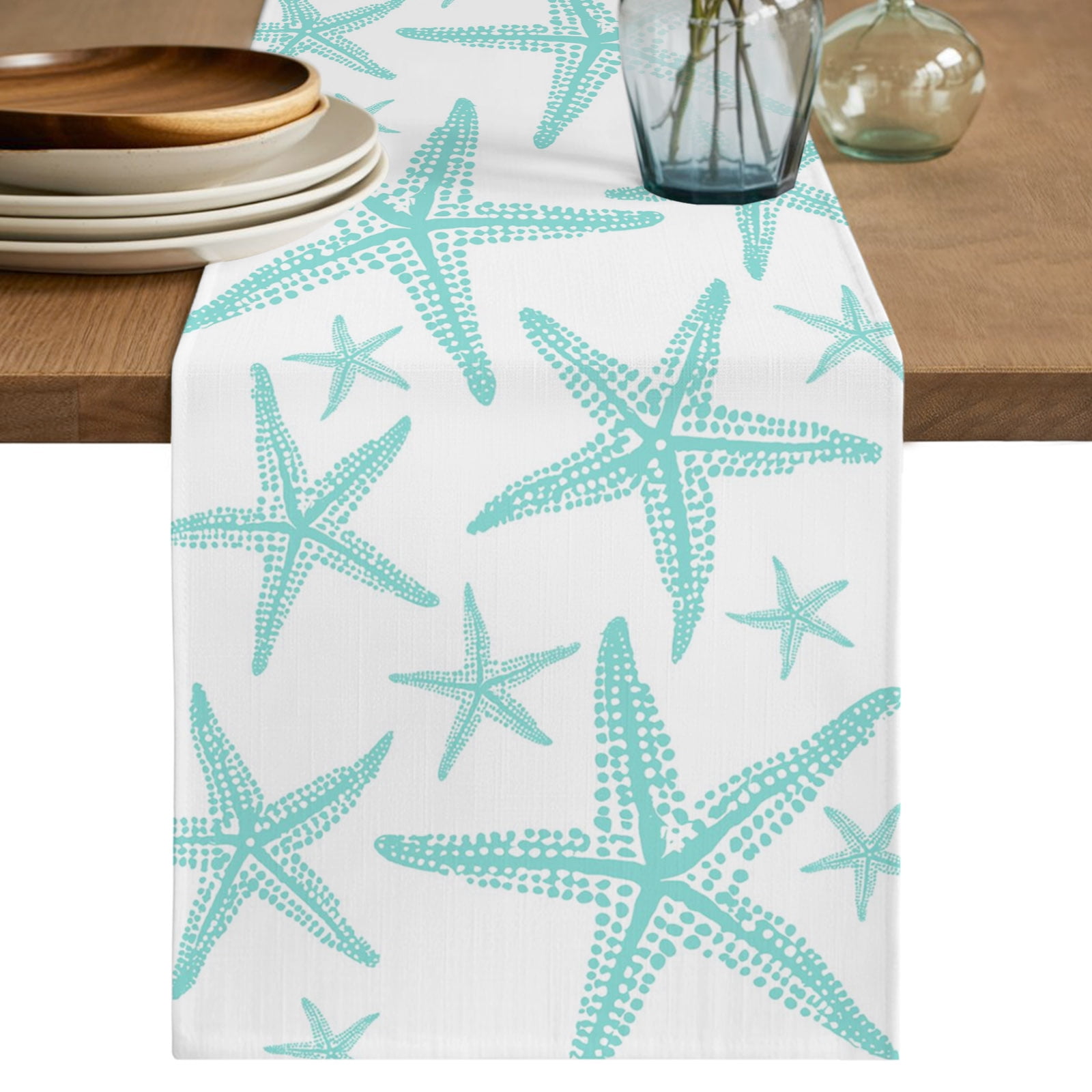 Coastal Starfish Table Runner 120 Inches Long,Aqua Nautical Minimalist ...