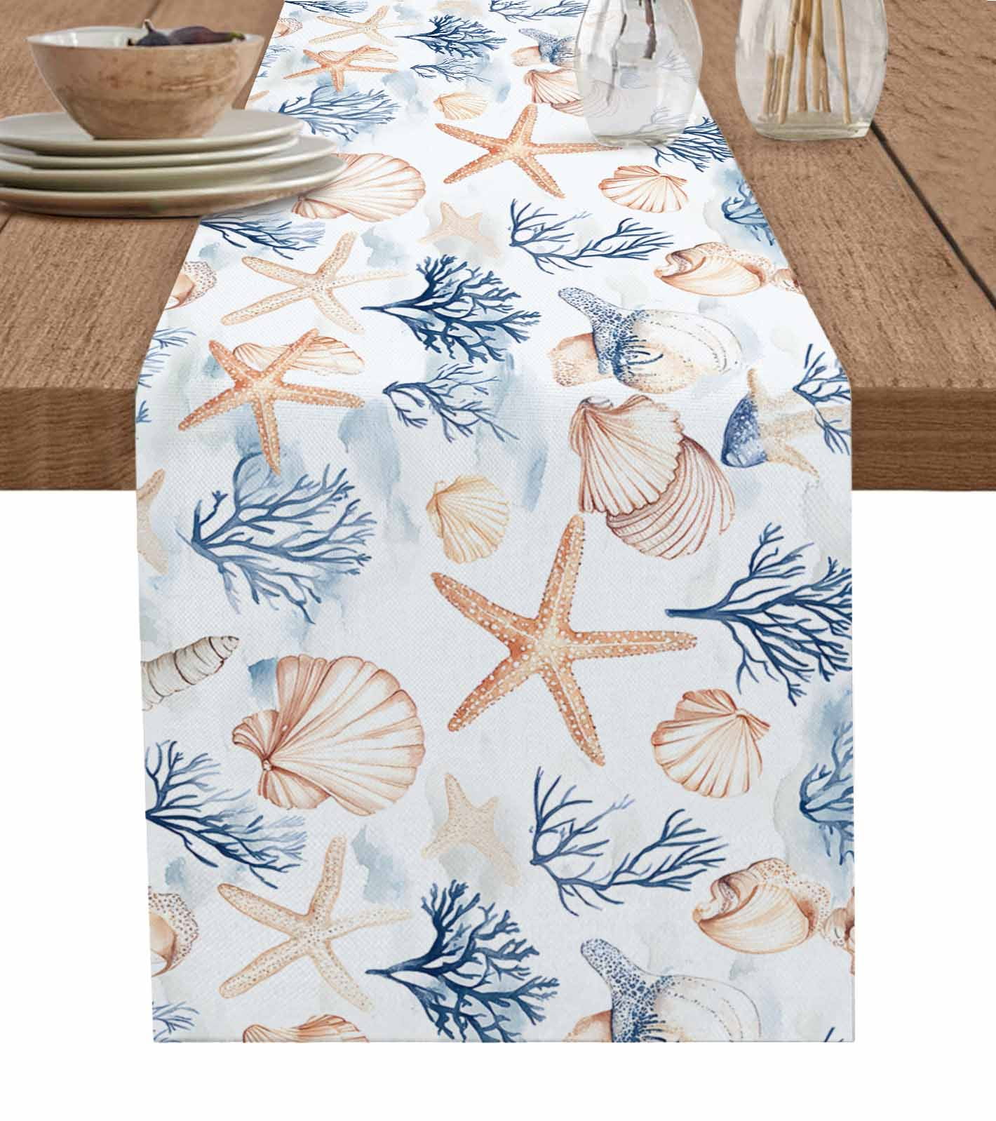 Coastal Starfish Table Runner 72 Inches, Blue Ocean Coral Shell Conch ...