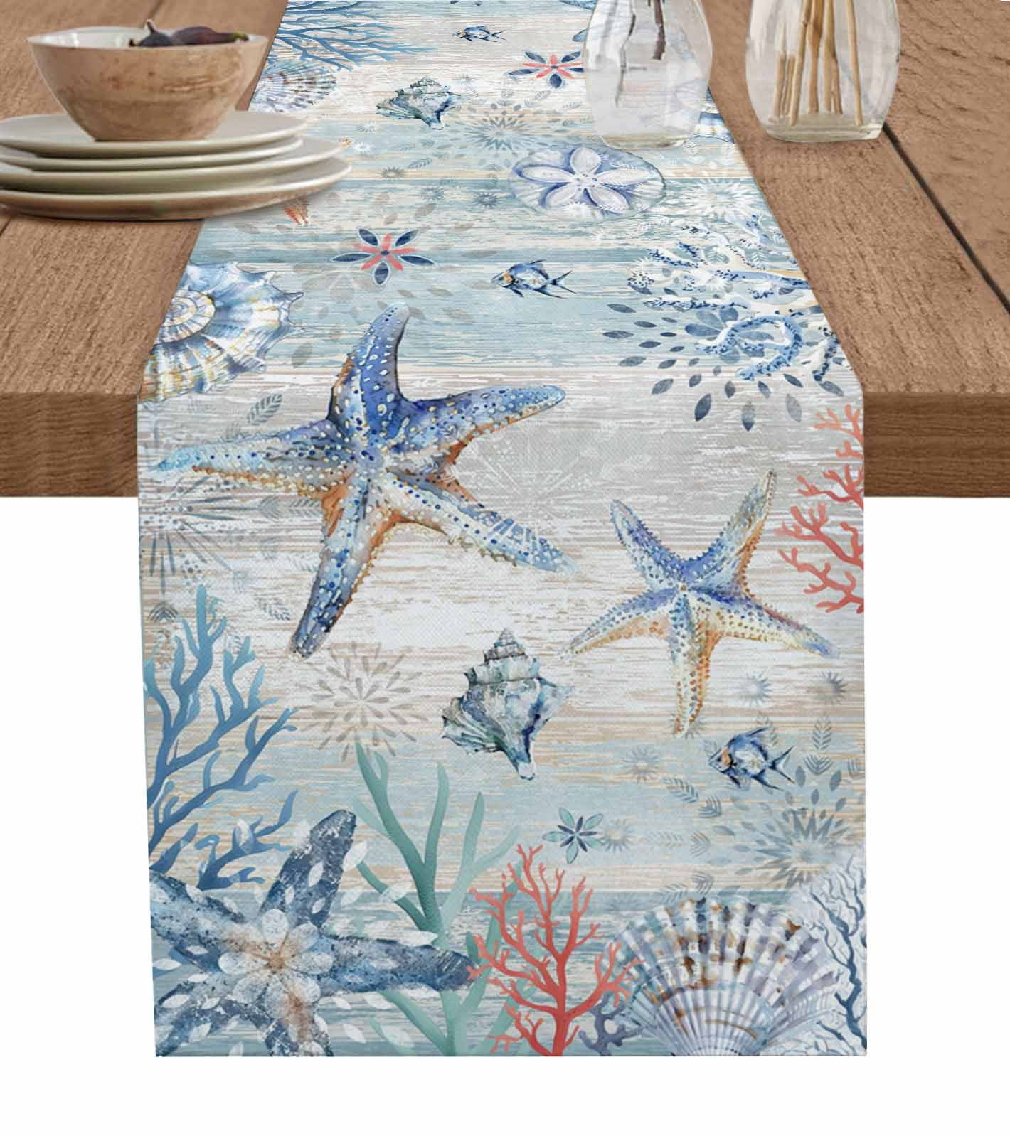 Coastal Starfish Table Runner Blue Nautical Coral Seashell Wooden ...