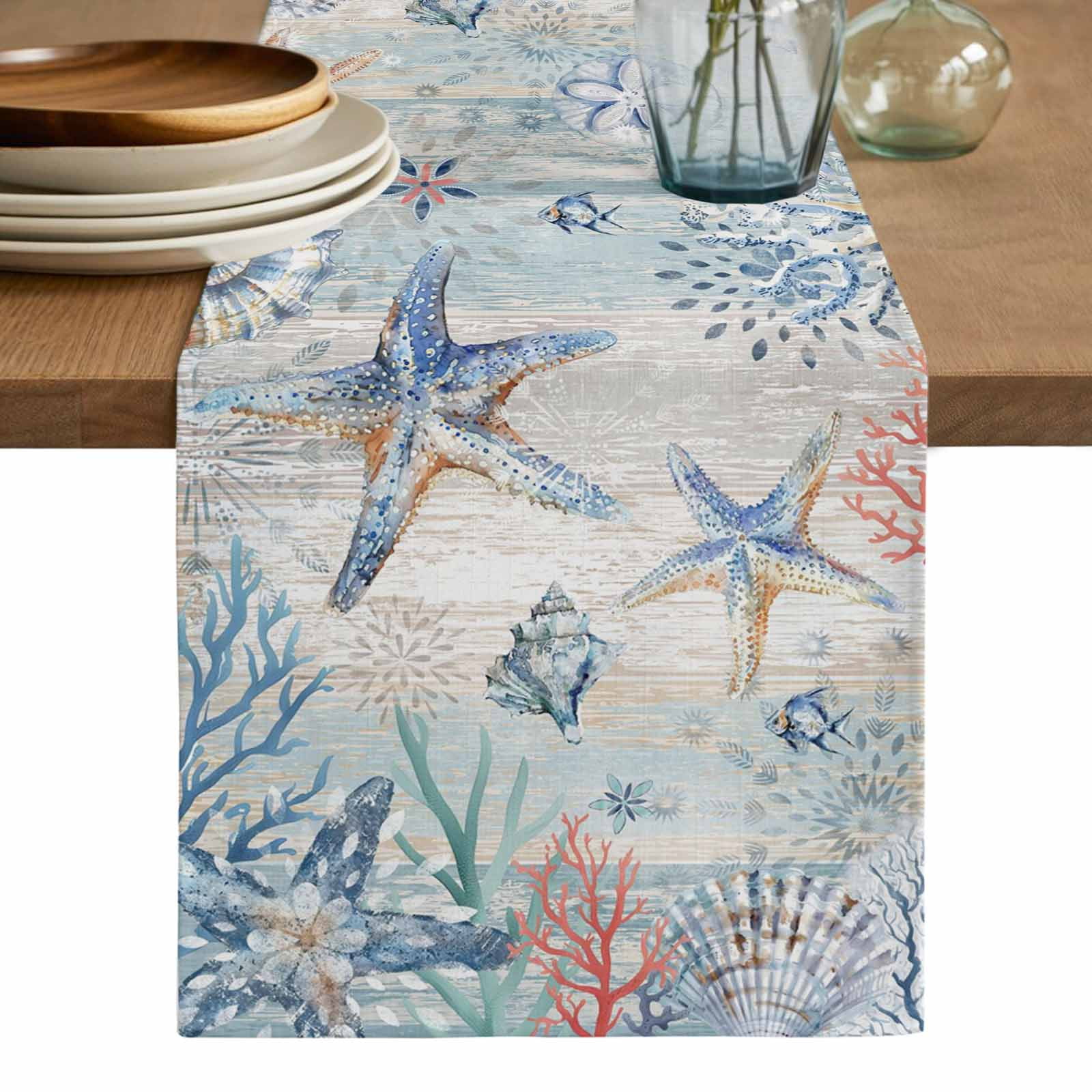 Coastal Starfish Table Runner, Blue Nautical Coral Seashell Wooden ...