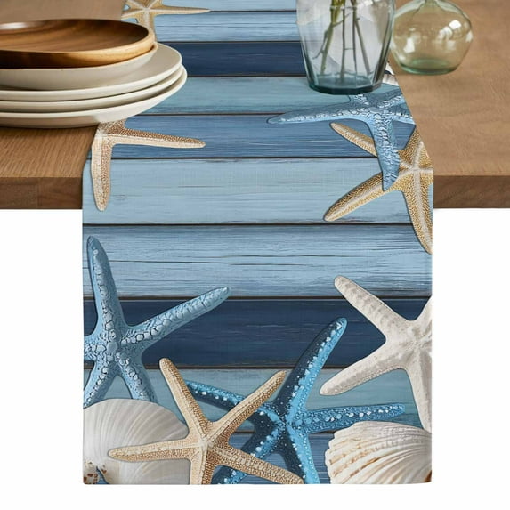 Coastal Starfish Table Runner, Blue Wooden Grain Seashells Country ...