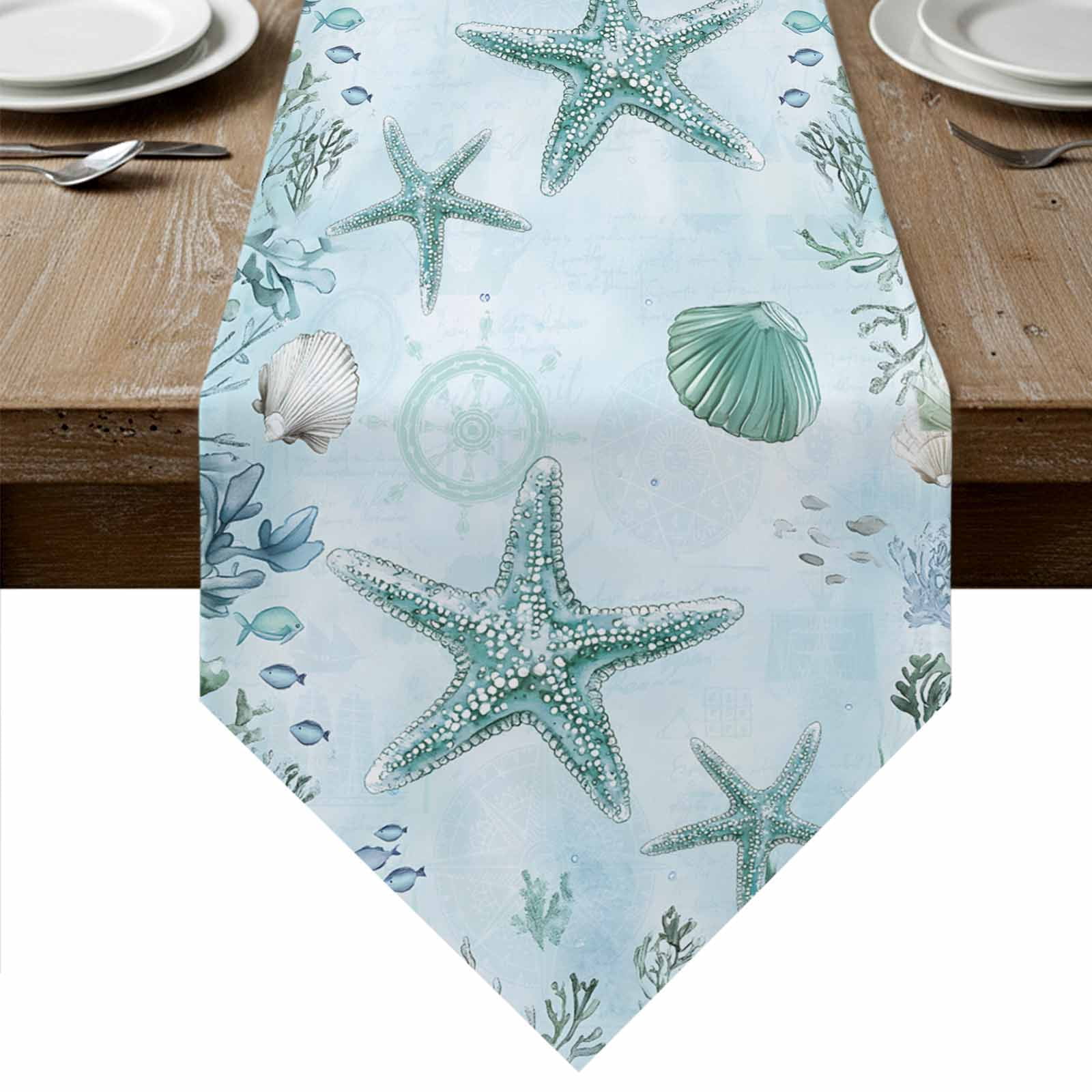 Coastal Starfish Table Runner Linen Burlap Table Runner 120 Inches Long ...
