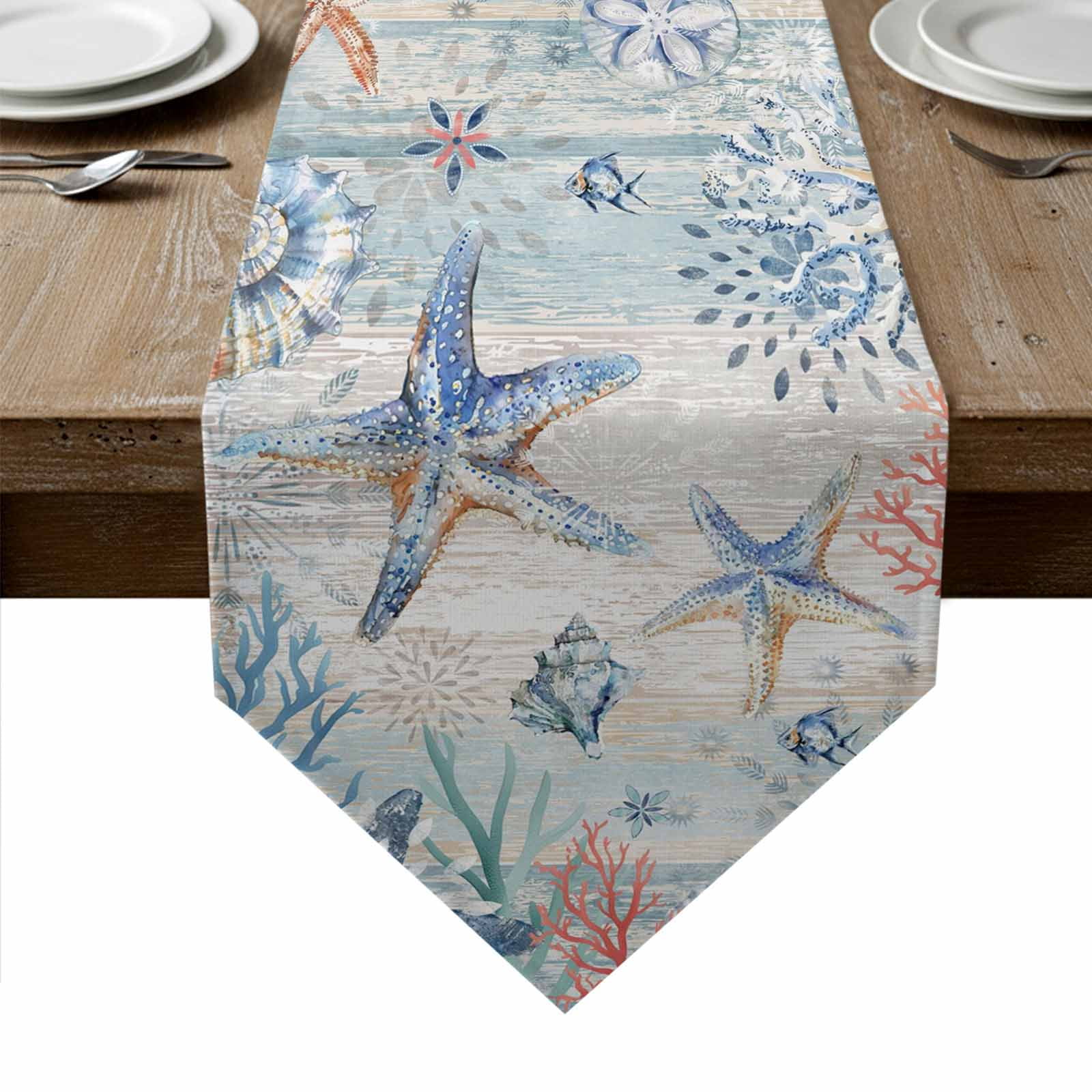 Coastal Starfish Table Runner Linen Burlap Table Runner 60 Inches Long ...
