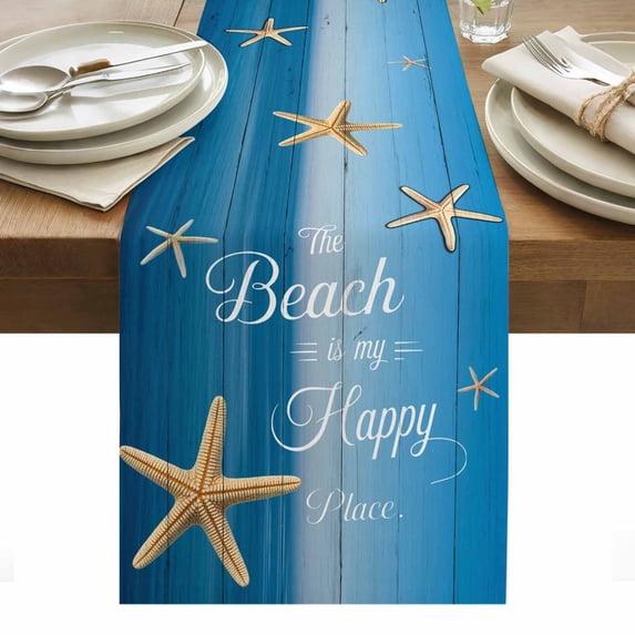 Coastal Starfish Table Runner Nautical Marine Life Blue Wooden Grain ...