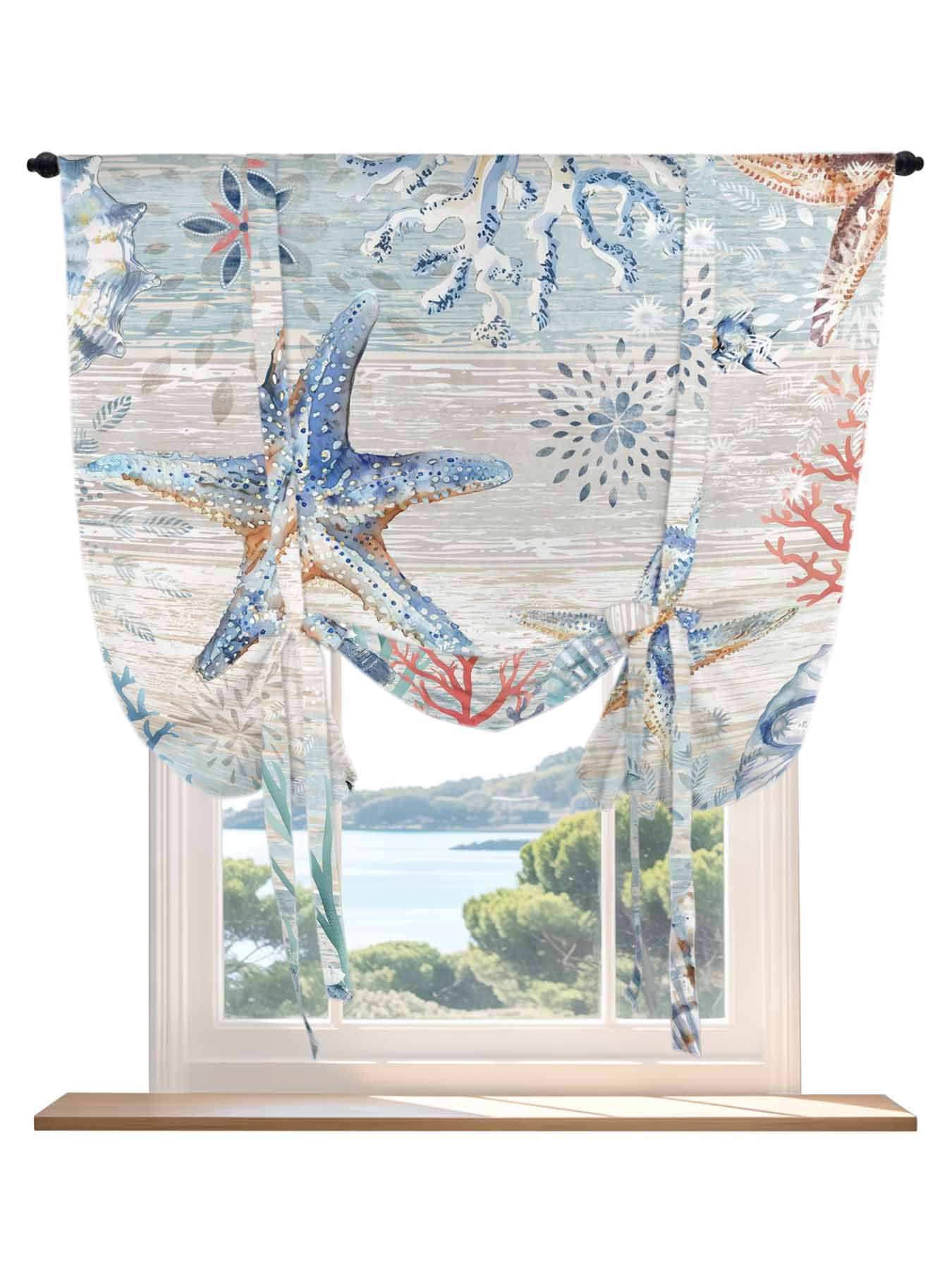 Coastal Starfish Tie Up Curtains for Windows 45 Inch Length Balloon ...