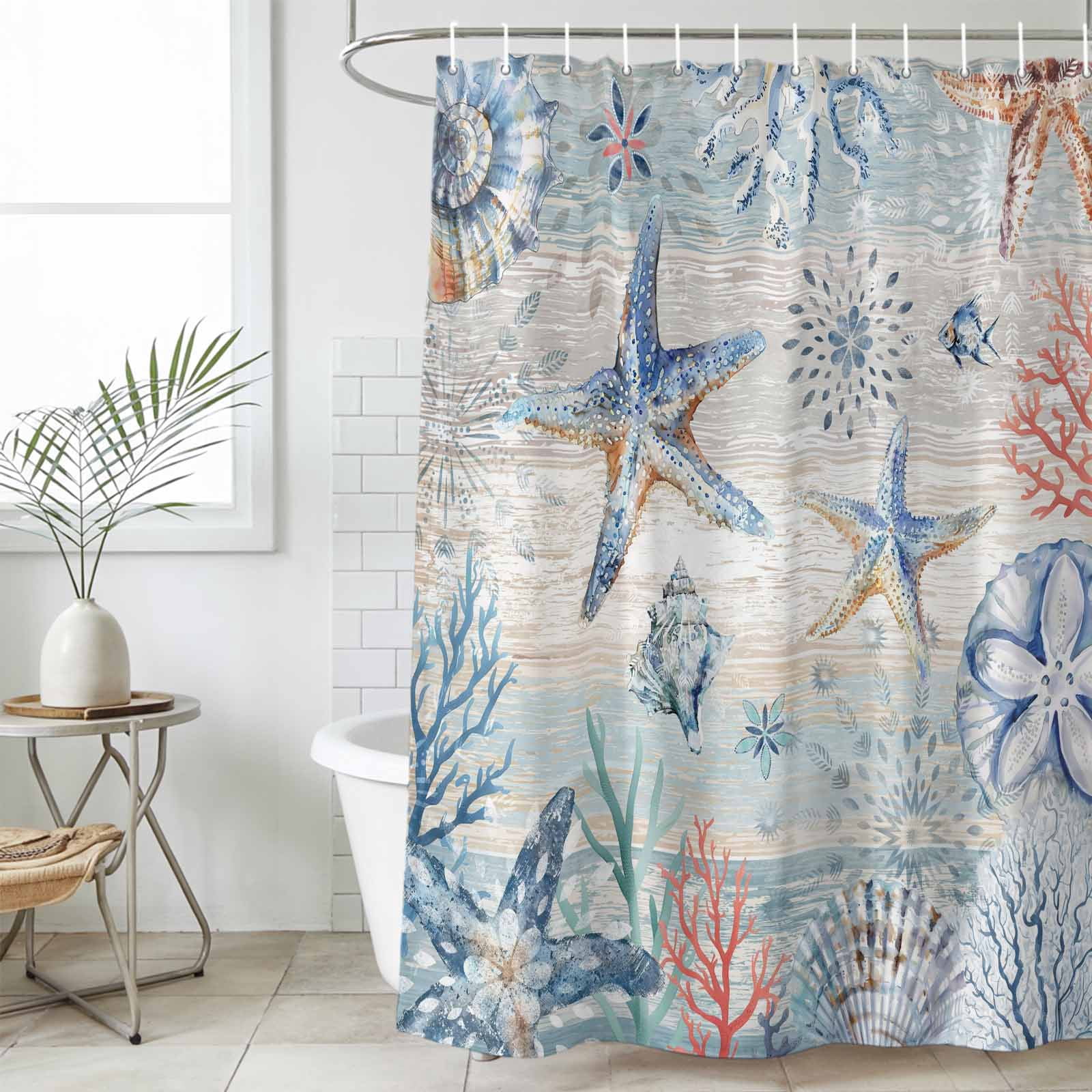 Coastal Starfish Waterproof Fabric Shower Curtain,Blue Nautical Coral ...