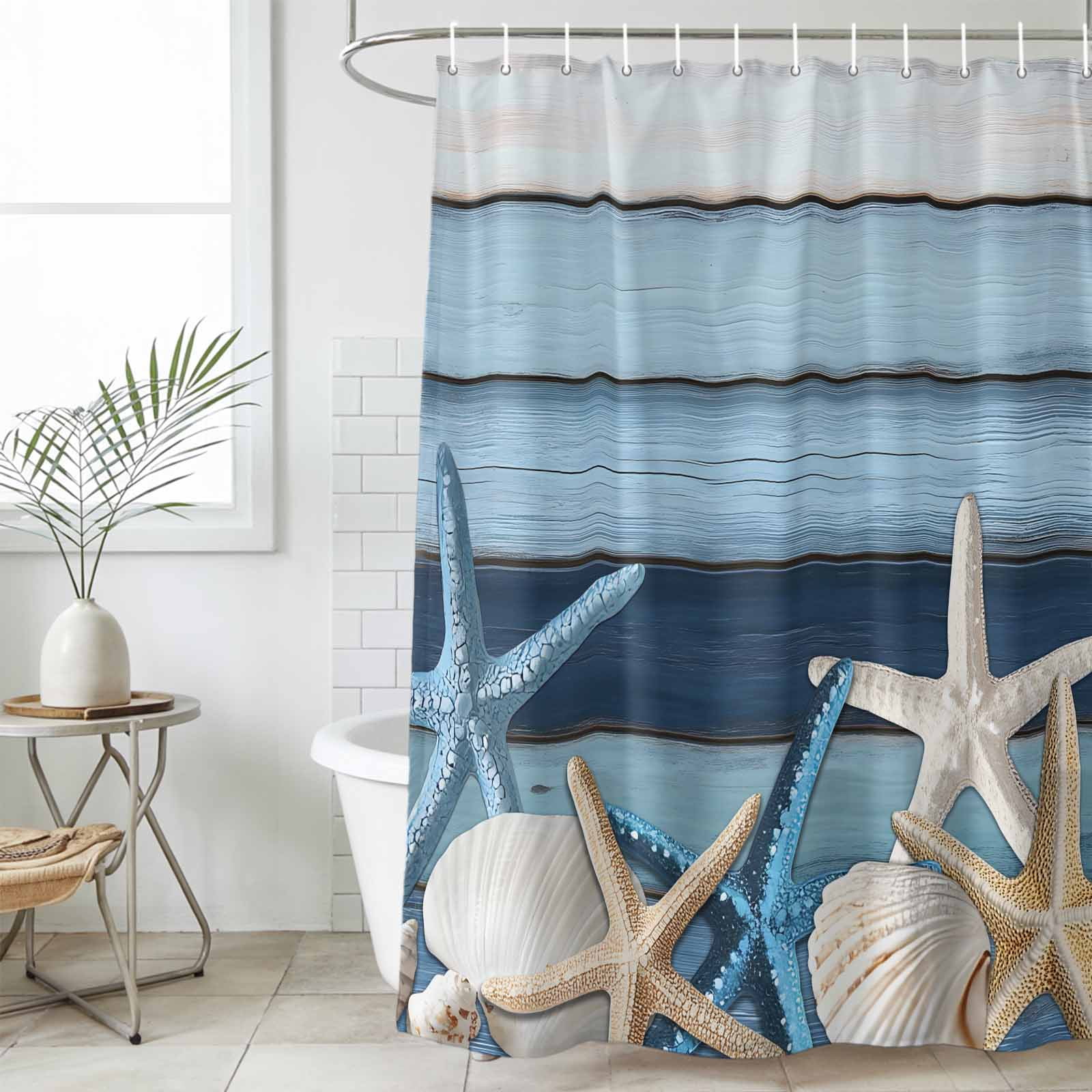 Coastal Starfish Waterproof Fabric Shower Curtain,Blue Wooden Grain ...