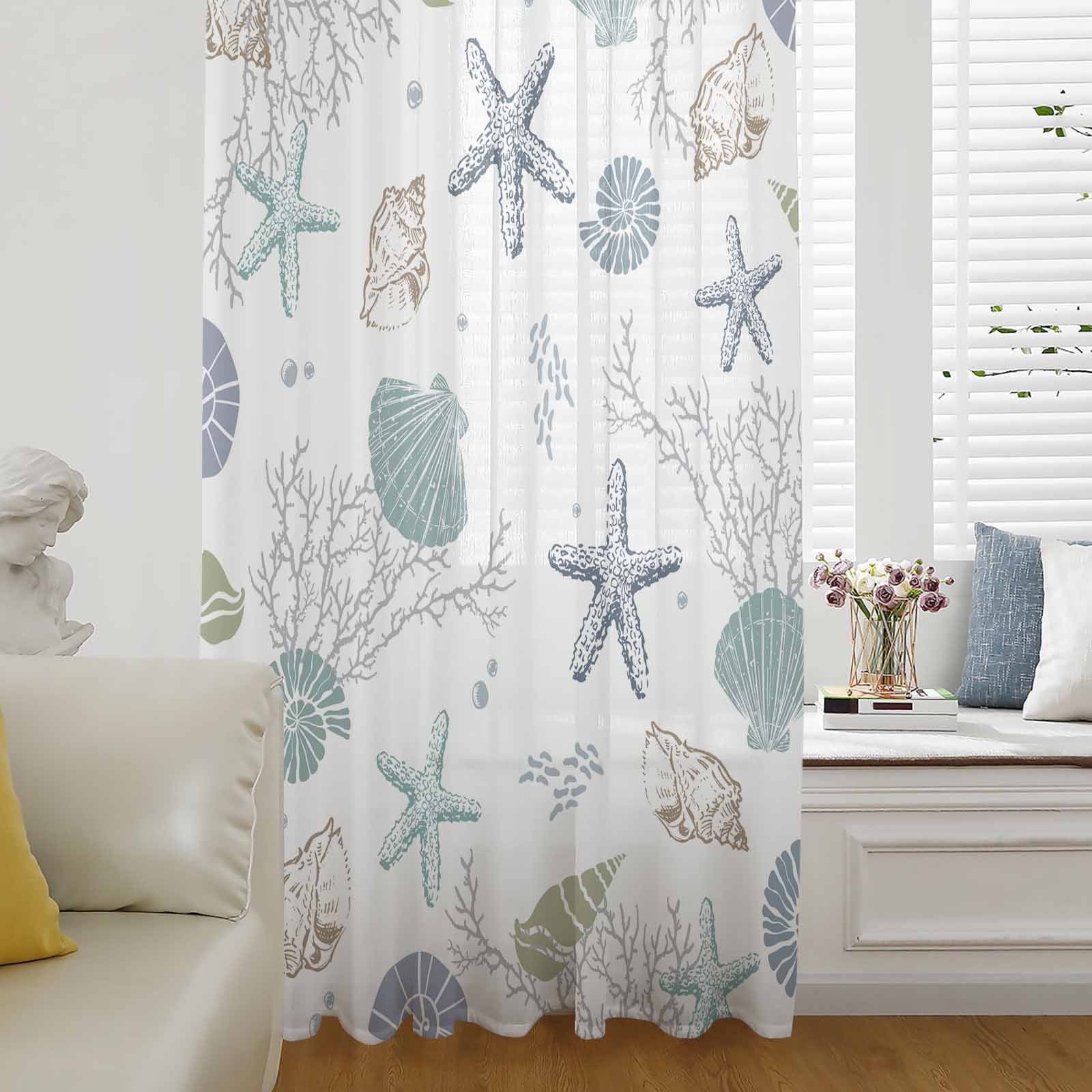 Coastal Starfish Window Curtain 84 Inches Long,Ocean Coral Shell Beach ...