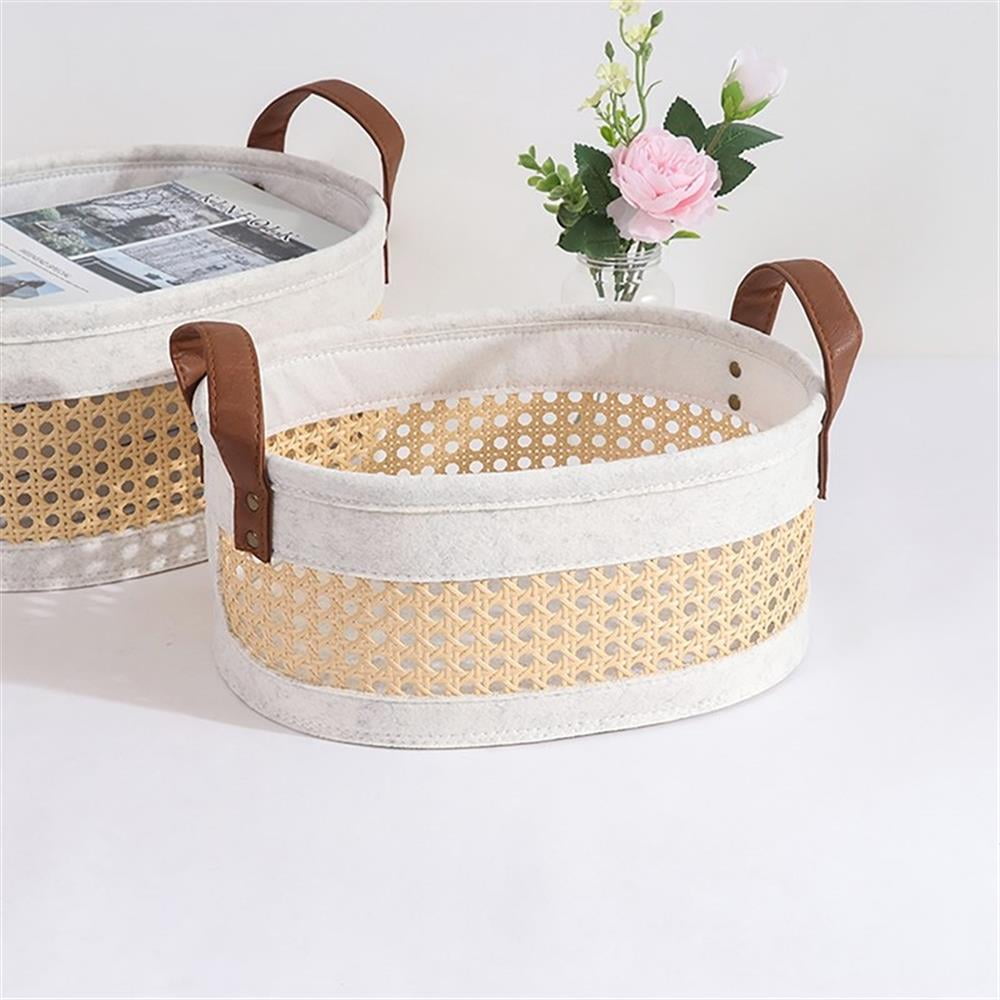 Coastal Storage Basket for Shelves Set of 3 White Felt & Natural Rattan ...