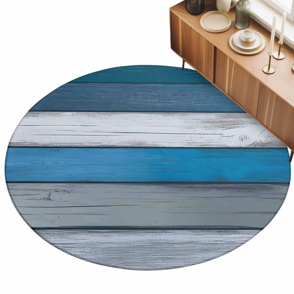 Coastal Style Area Rugs 3.3' (Round) Retro Blue Grey Stripes Wood ...