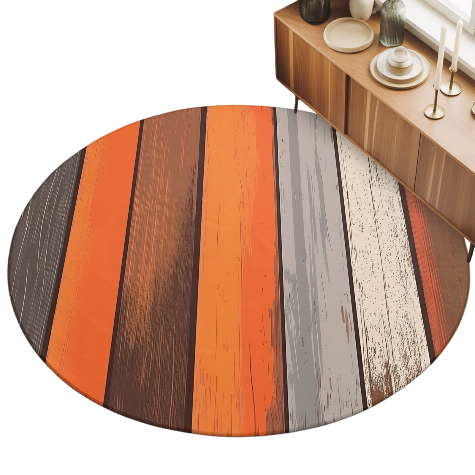 Coastal Style Area Rugs 3.3' (Round) Retro Orange Brown Stripes Wood ...