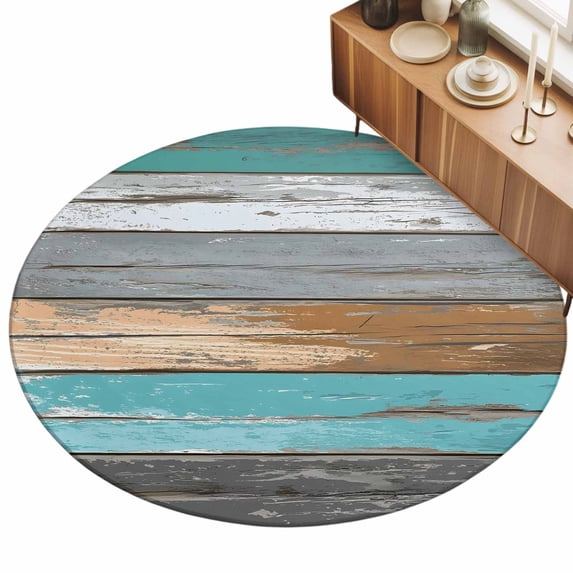 Coastal Style Area Rugs 5' (Round) Retro Green Brown Stripe Wood ...