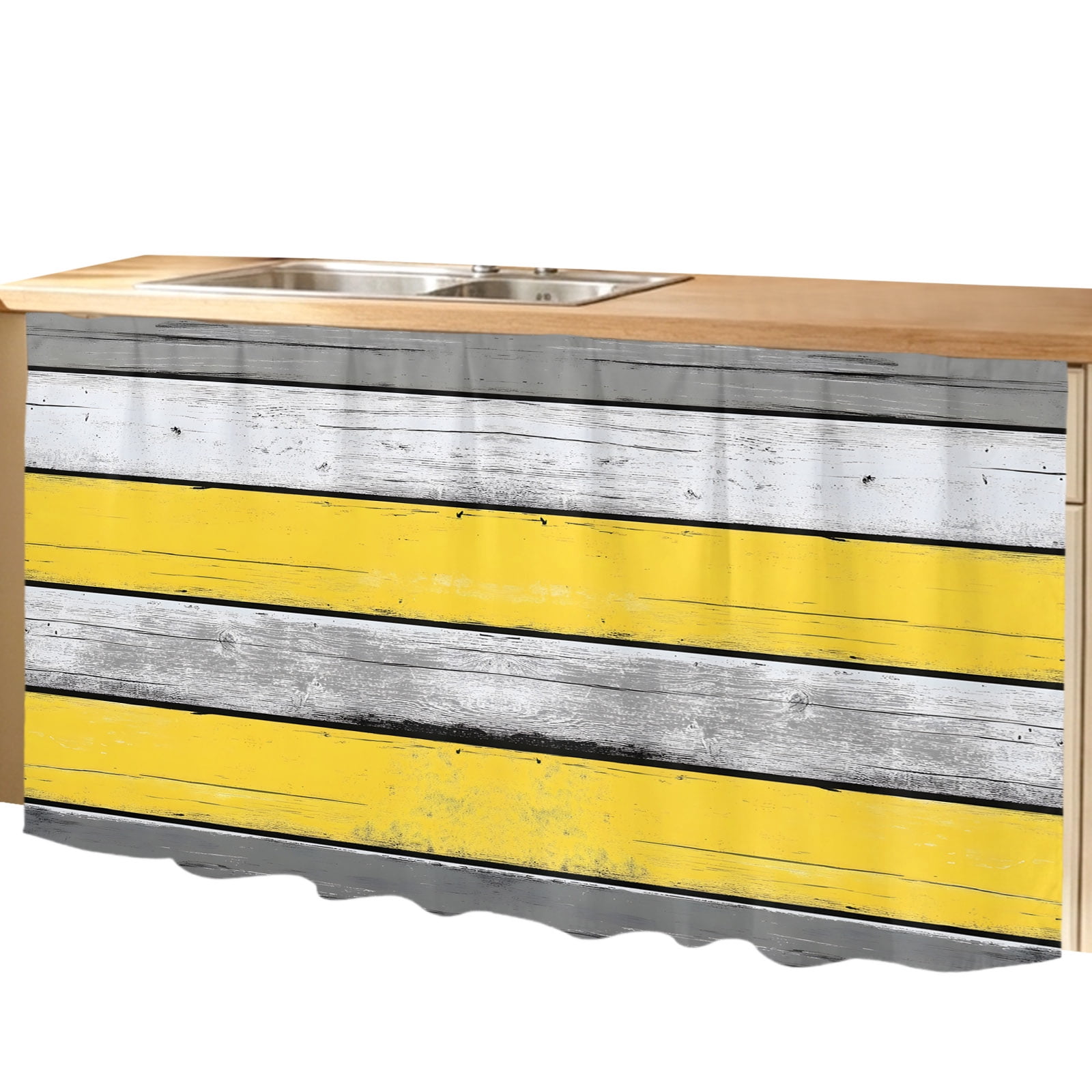 Coastal Style Cabinet Curtains Retro Gray Yellow Stripes Wood Texture ...