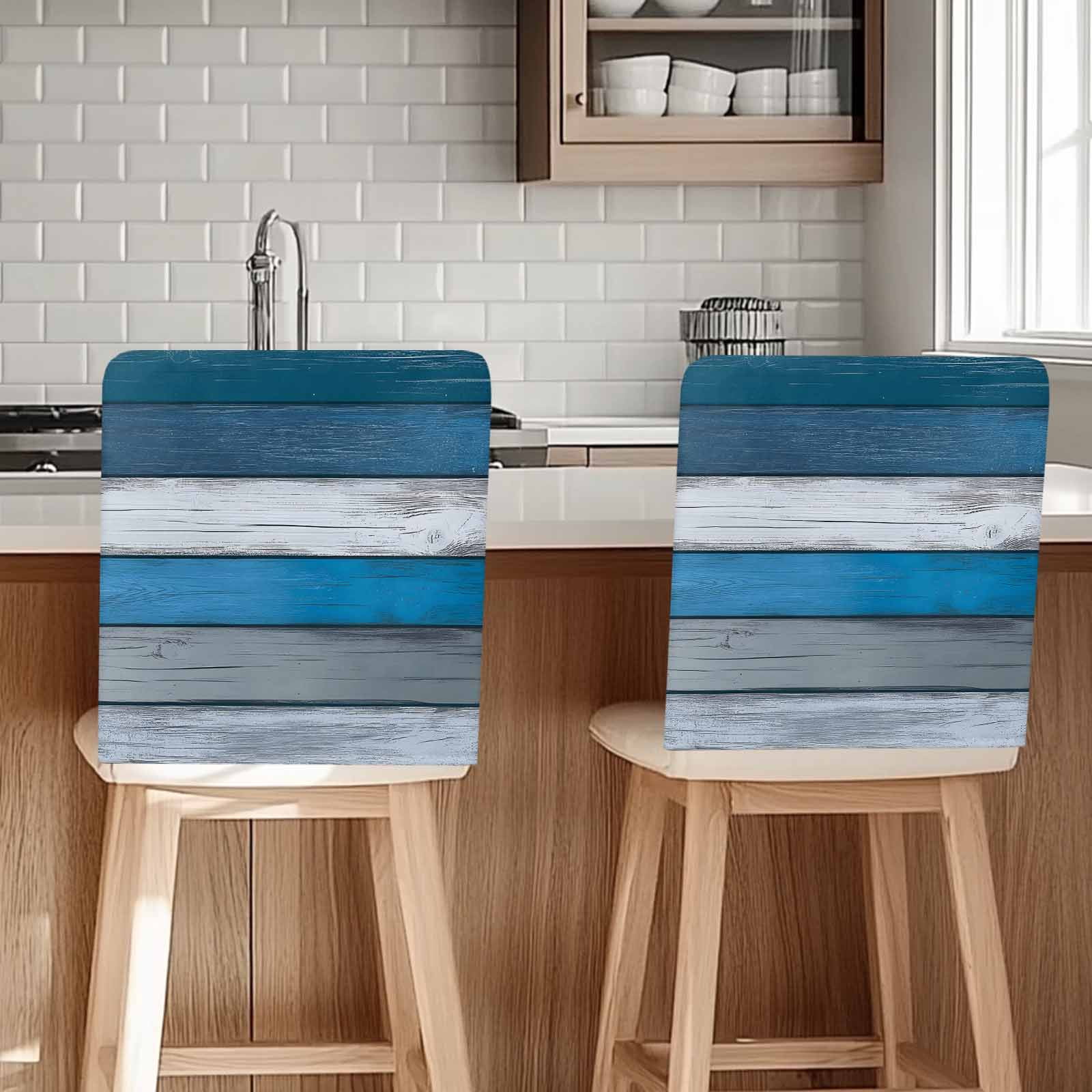 Coastal Style Chair Covers Set of 4 Retro Blue Grey Stripes Wood ...
