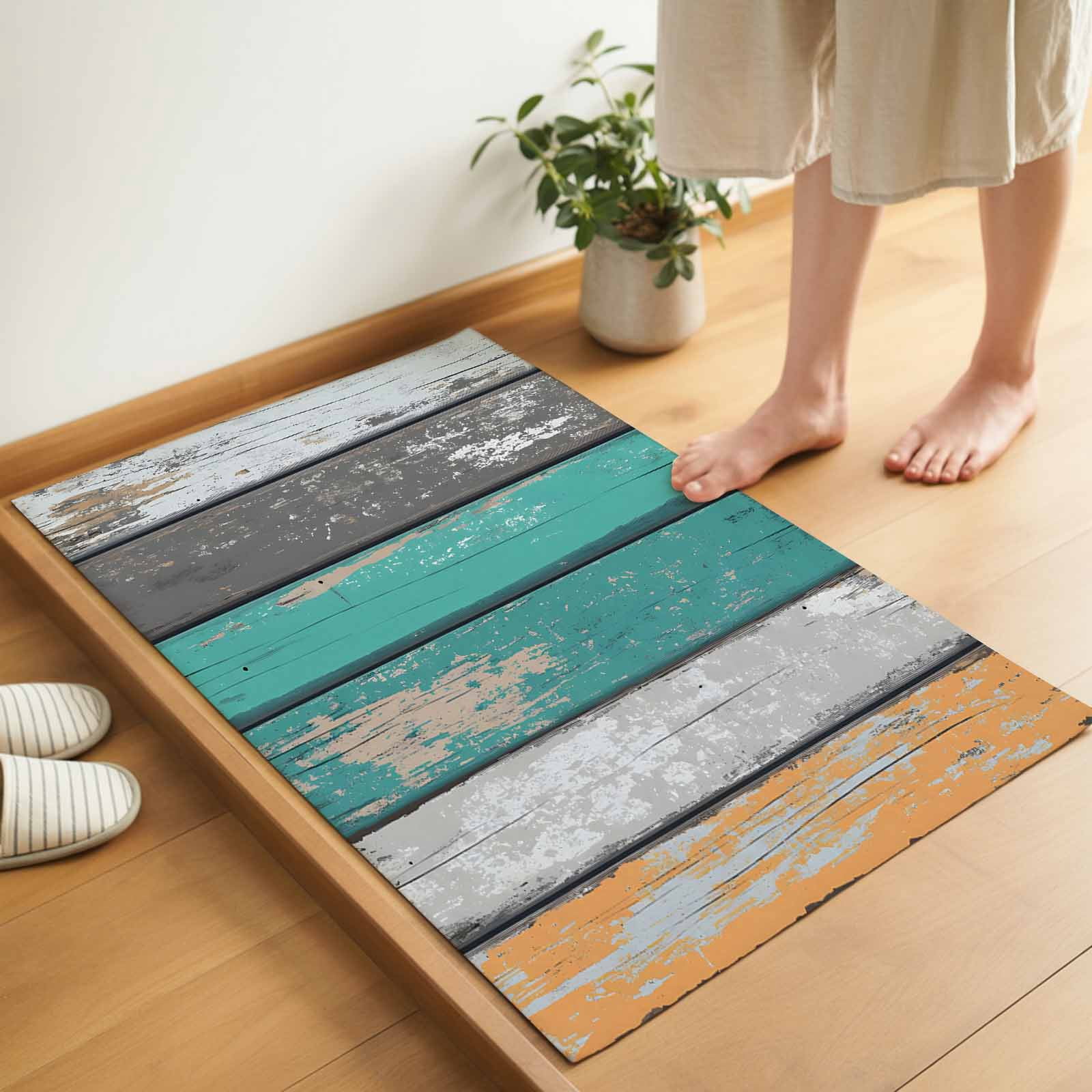 Coastal Style Door Mat 20x31.5 Inch Vintage Green Brown Stripe Wood ...