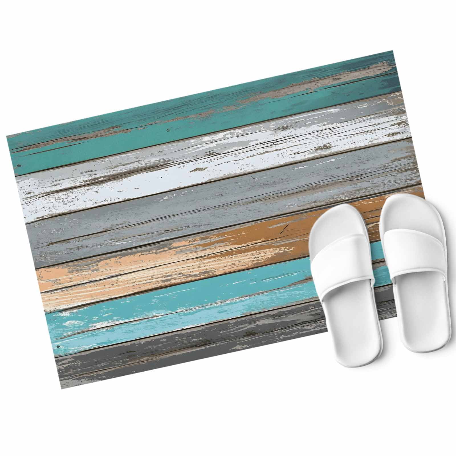 Coastal Style Door Mat Retro Green Brown Stripe Wood Texture Non Slip ...