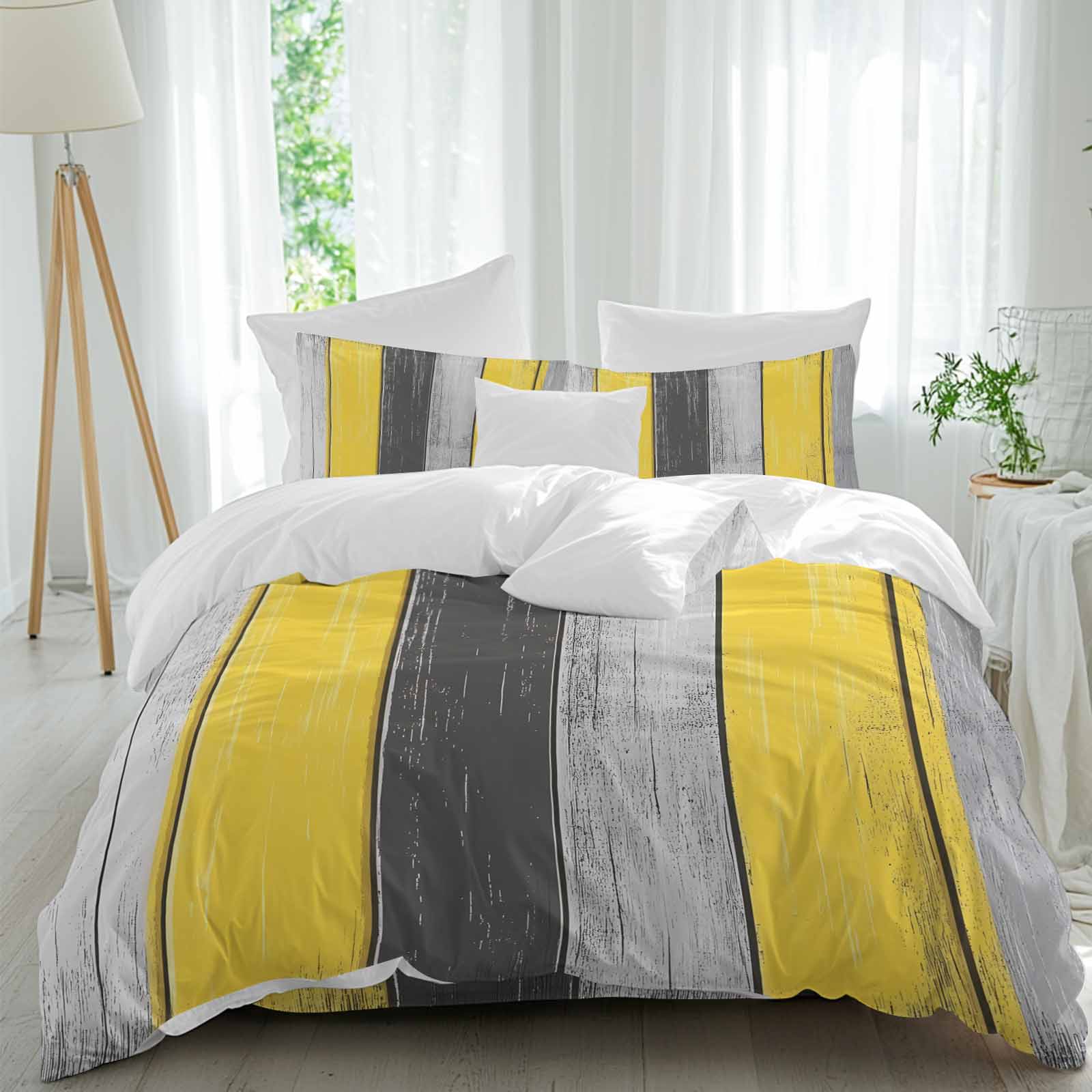 Coastal Style Duvet Cover Set Twin Size Vintage Gray Yellow Stripes ...