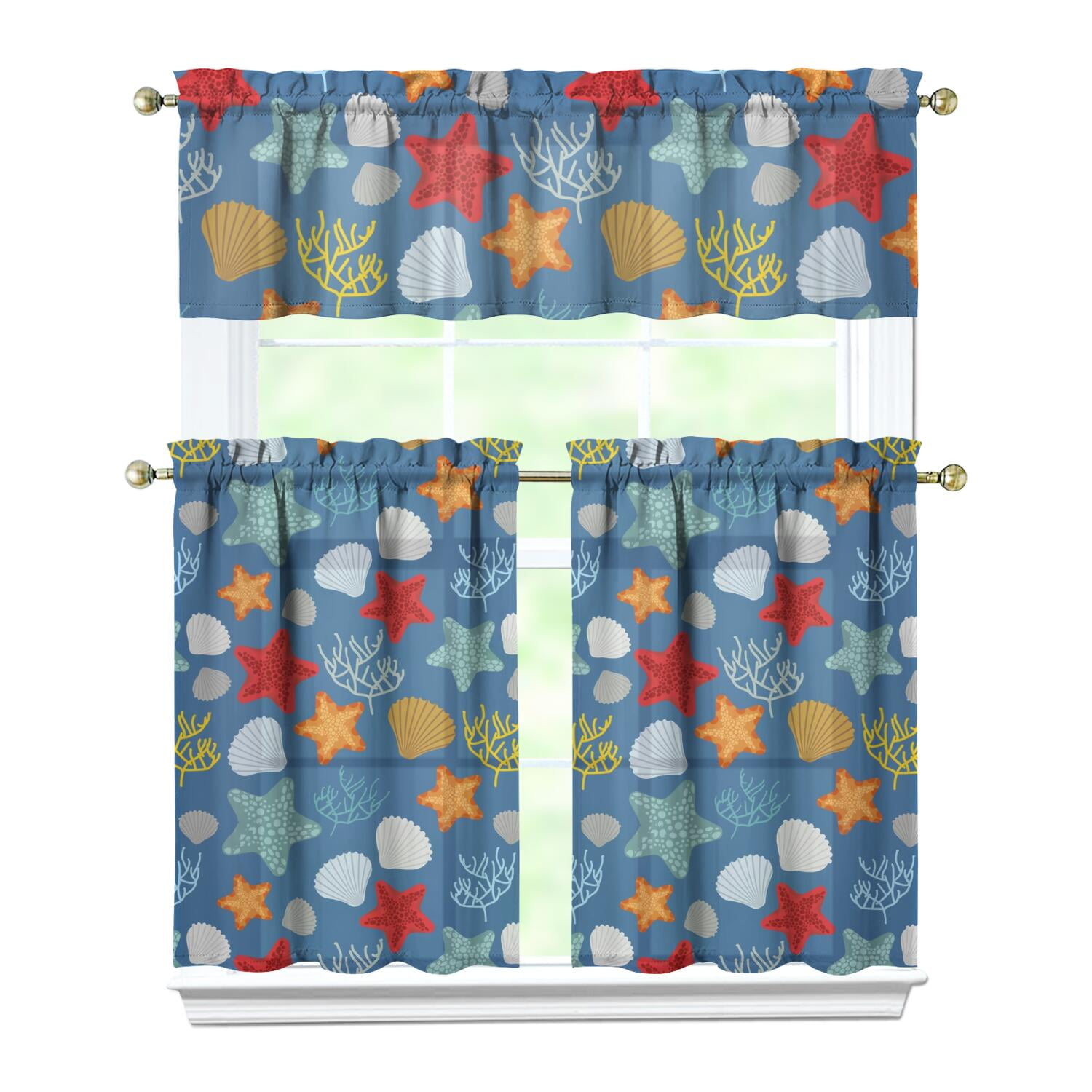 Coastal Style Kitchen Curtains Set of 3 - Seashells & Seahorse Vintage ...