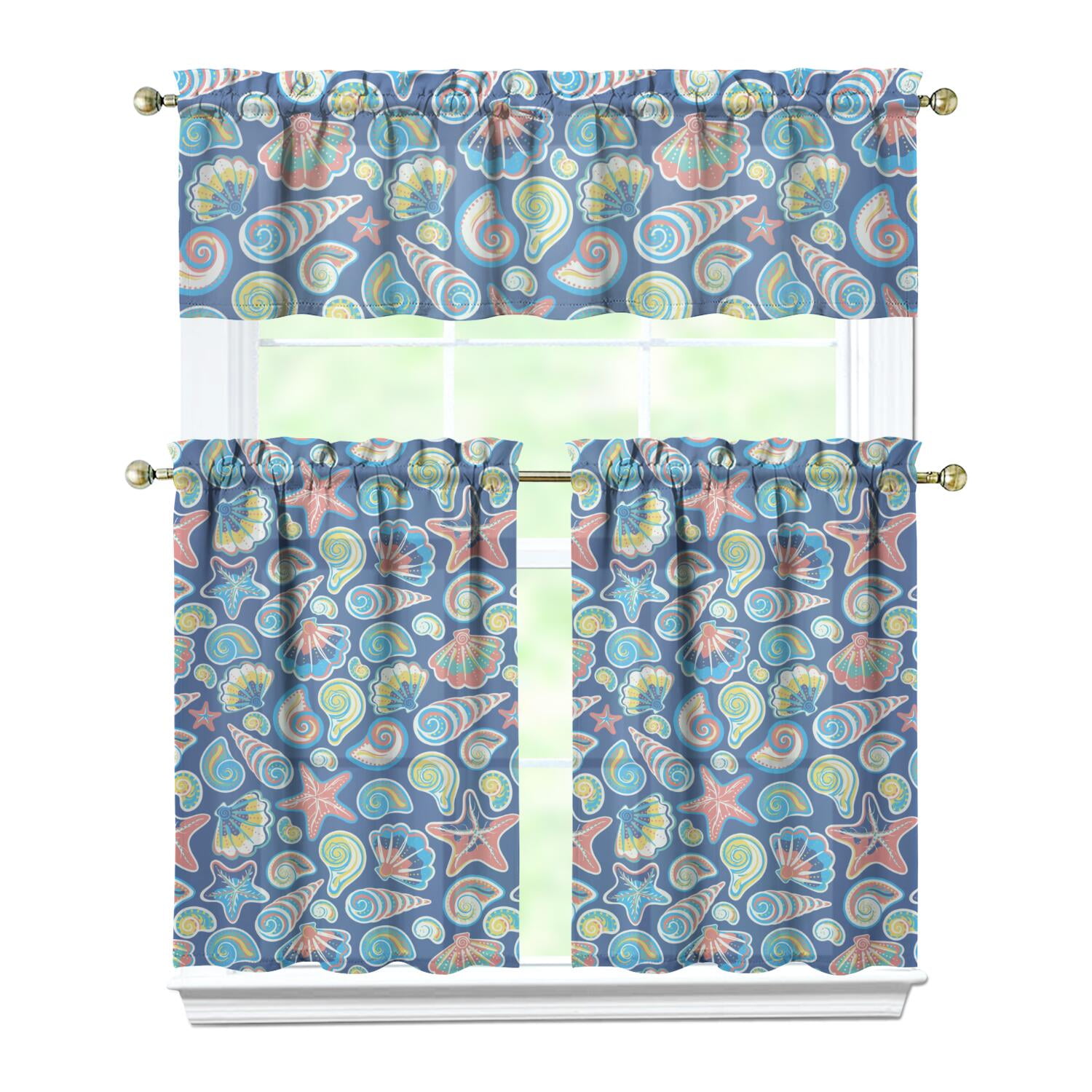 Coastal Style Kitchen Curtains Set of 3 - Seashells & Seahorse Vintage ...