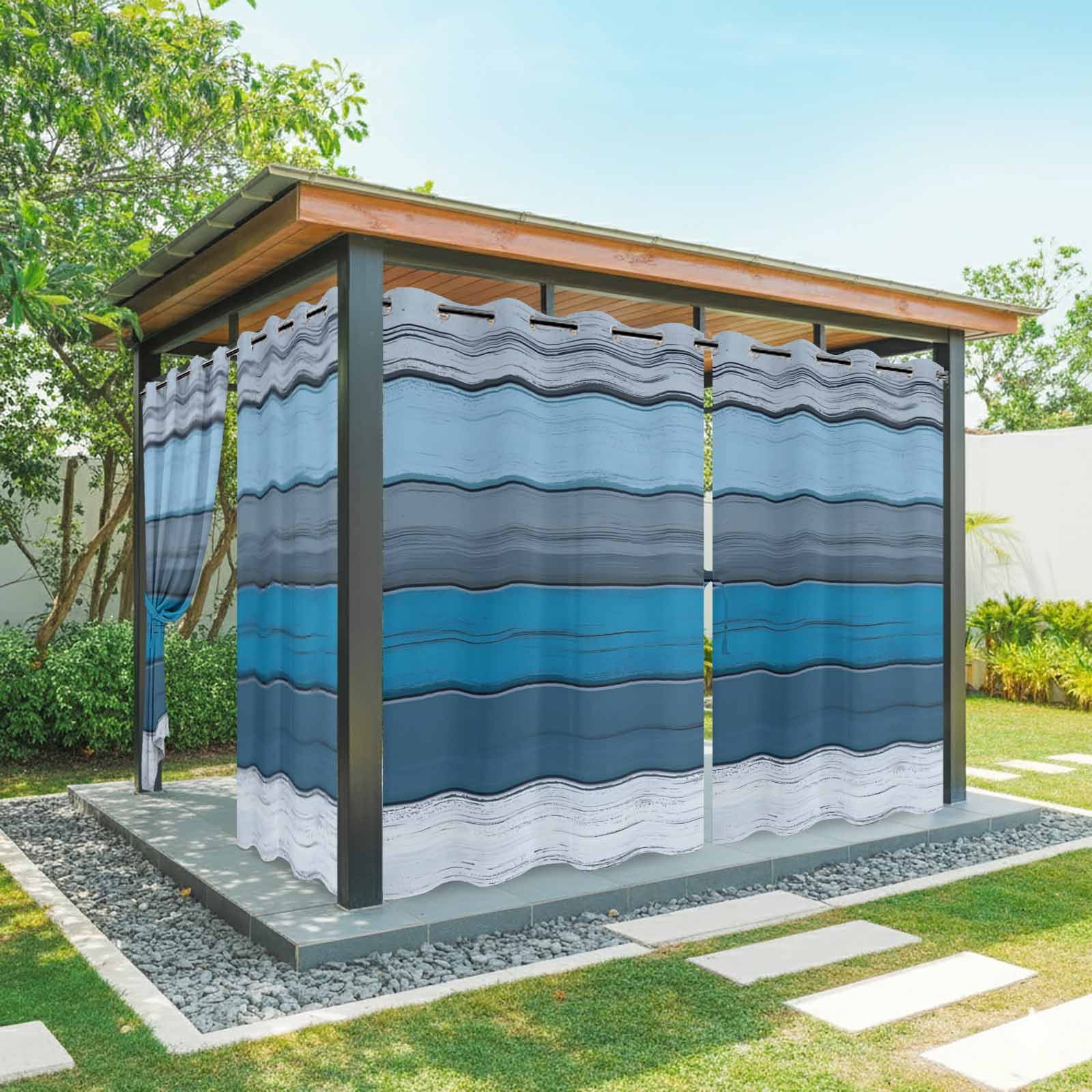 Coastal Style Outdoor Curtains for Patio, Vintage Blue Grey Stripes ...