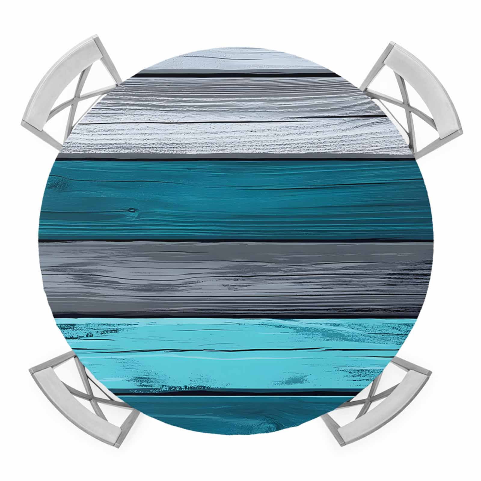 Coastal Style Round Table Cover, Vintage Blue Grey Stripes Wood Grain ...
