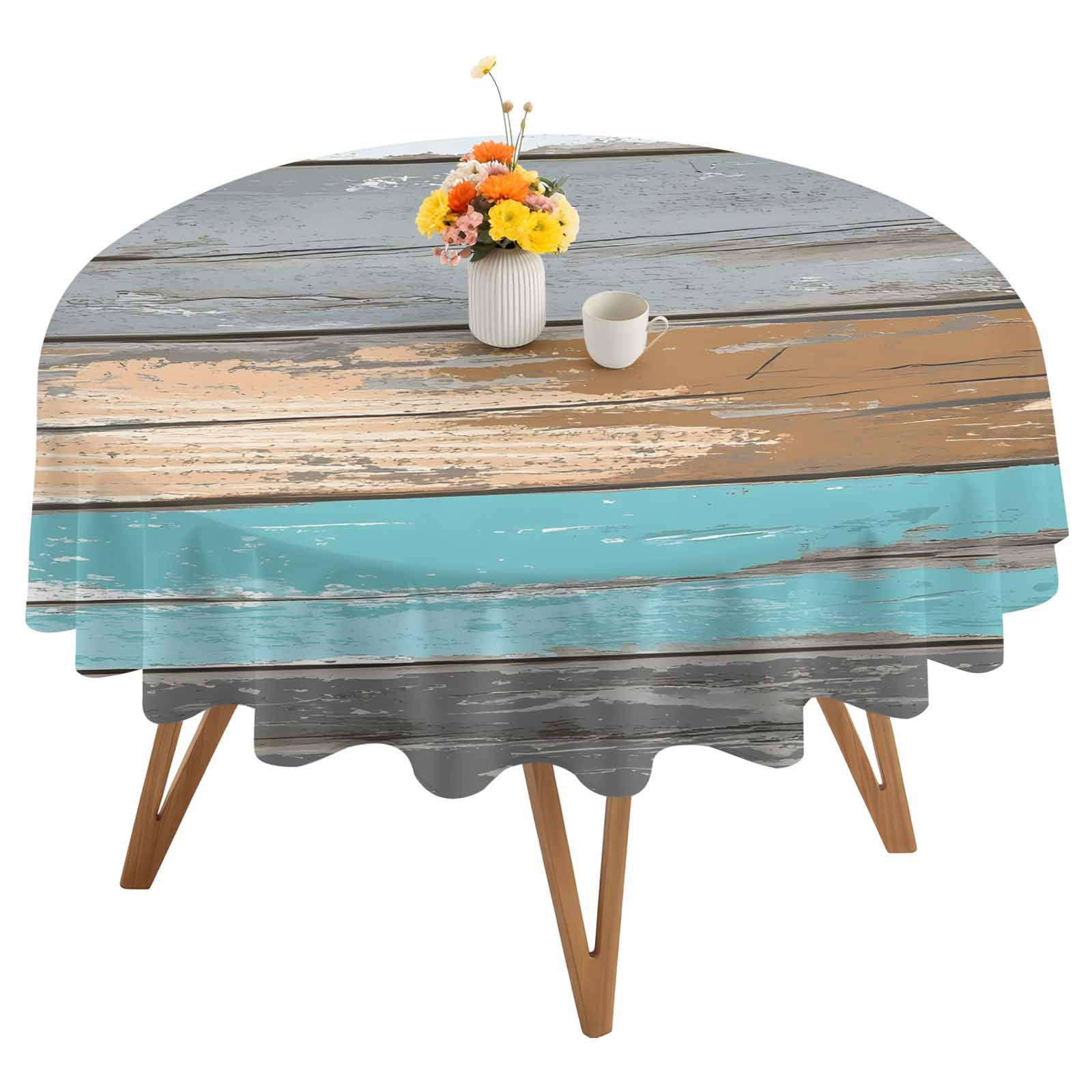 Coastal Style Round Tablecloth 54 inches Retro Green Brown Stripe Wood ...