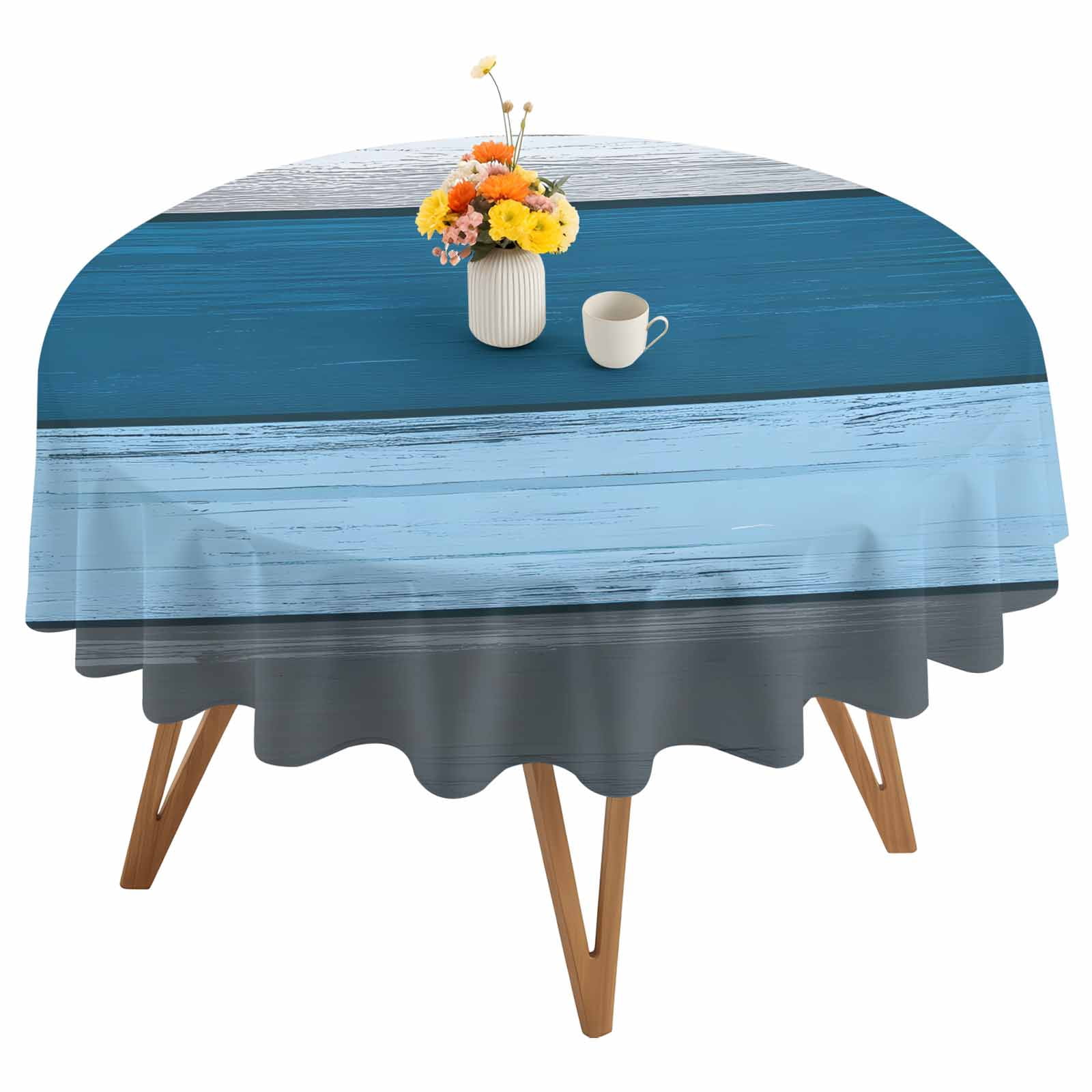 Coastal Style Round Tablecloth 60 inches Vintage Blue Grey Stripe Wood ...