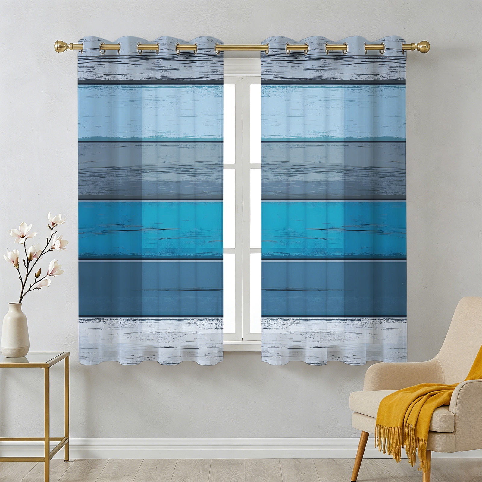 Coastal Style Sheer Curtains 45 Inch Long 2 Panels, Vintage Blue Grey ...