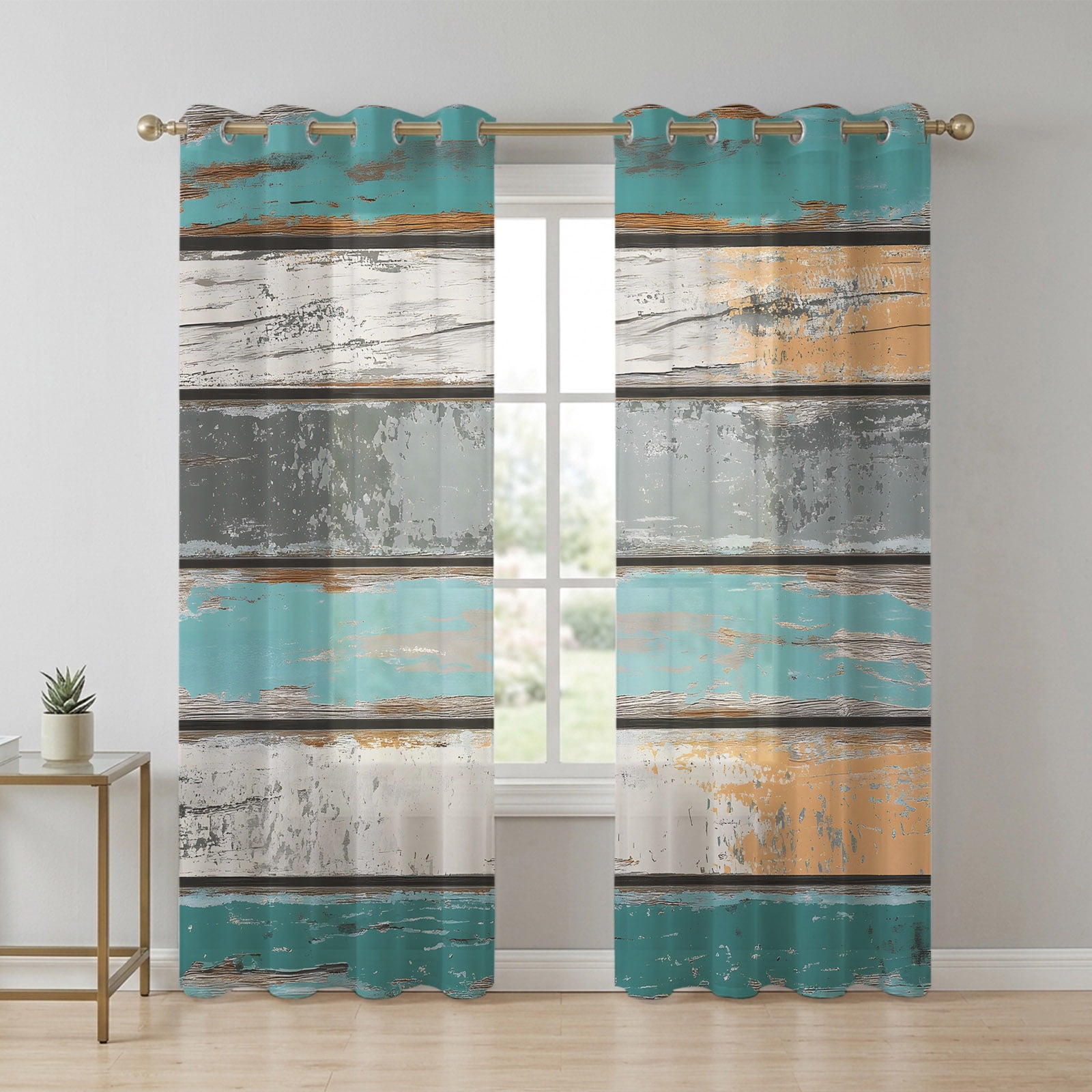 Coastal Style Sheer Curtains 96 Inch Long 2 Panels, Vintage Green Brown ...