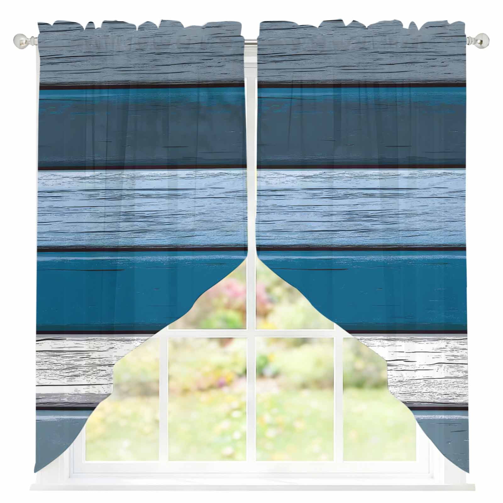 Coastal Style Sheer Curtains Swag Valances for Windows Retro Blue Grey ...