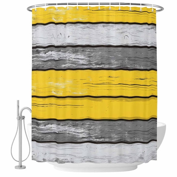 Coastal Style Shower Curtain Set with Hooks, Retro Gray Yellow Stripes ...