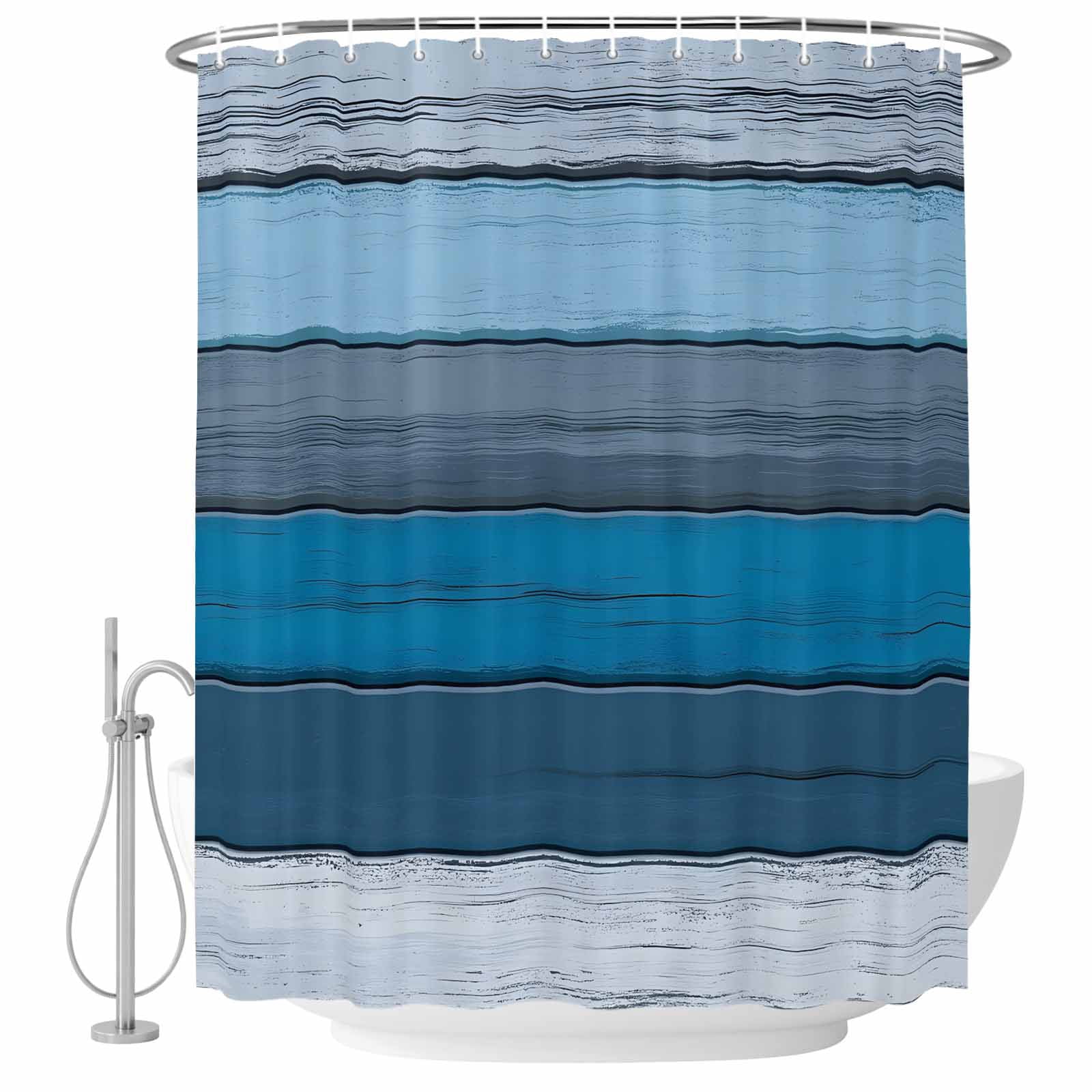 Coastal Style Shower Curtain Set with Hooks, Vintage Blue Grey Stripes ...