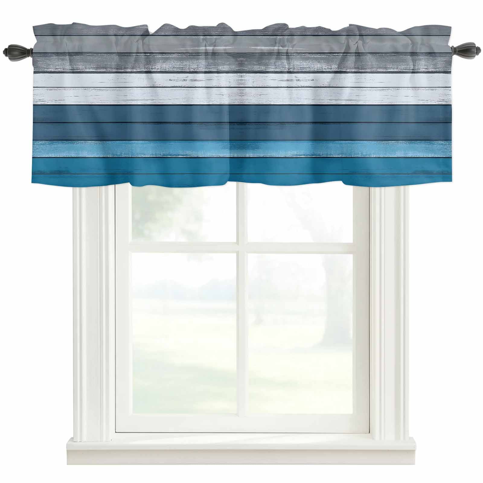 Coastal Style Valances for Windows Retro Blue Grey Stripe Wood Texture ...