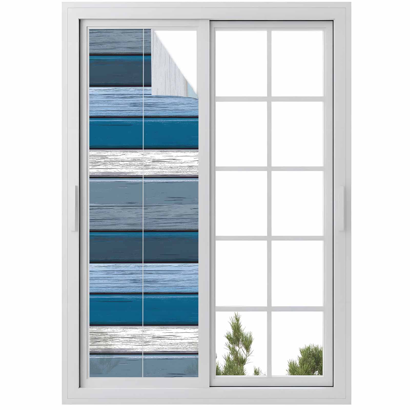 Coastal Style Window Privacy Film Retro Blue Grey Stripes Wood Grain ...