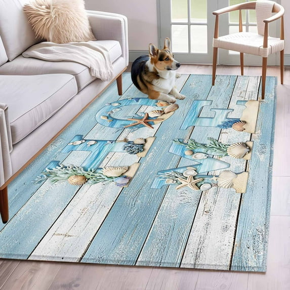 Coastal Summer Beach Area Rug 3x5 Washable Rug Non Slip Blue Wooden ...