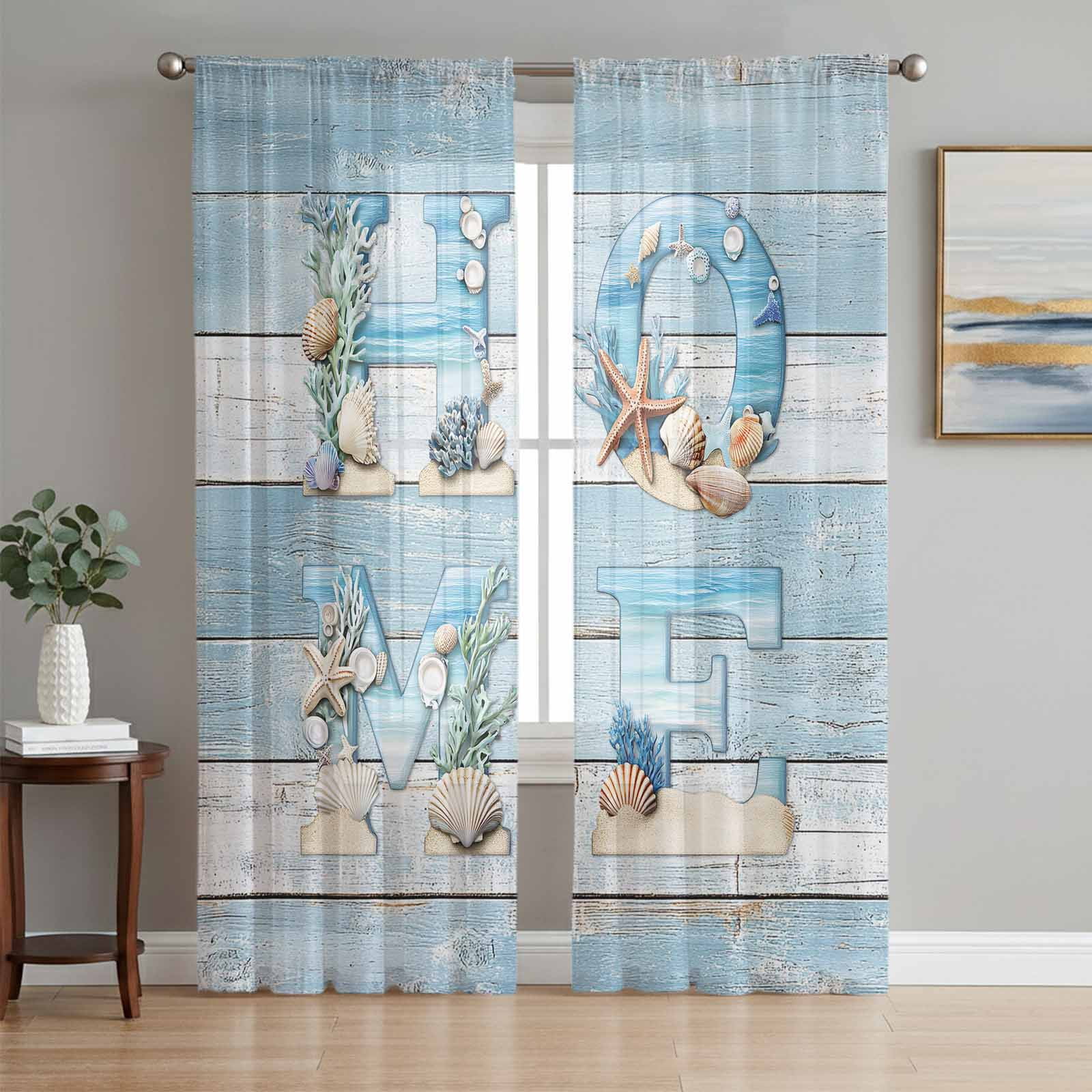 Coastal Summer Beach Sheer Curtains 72 Inch Length 2 Panels Set, Blue ...