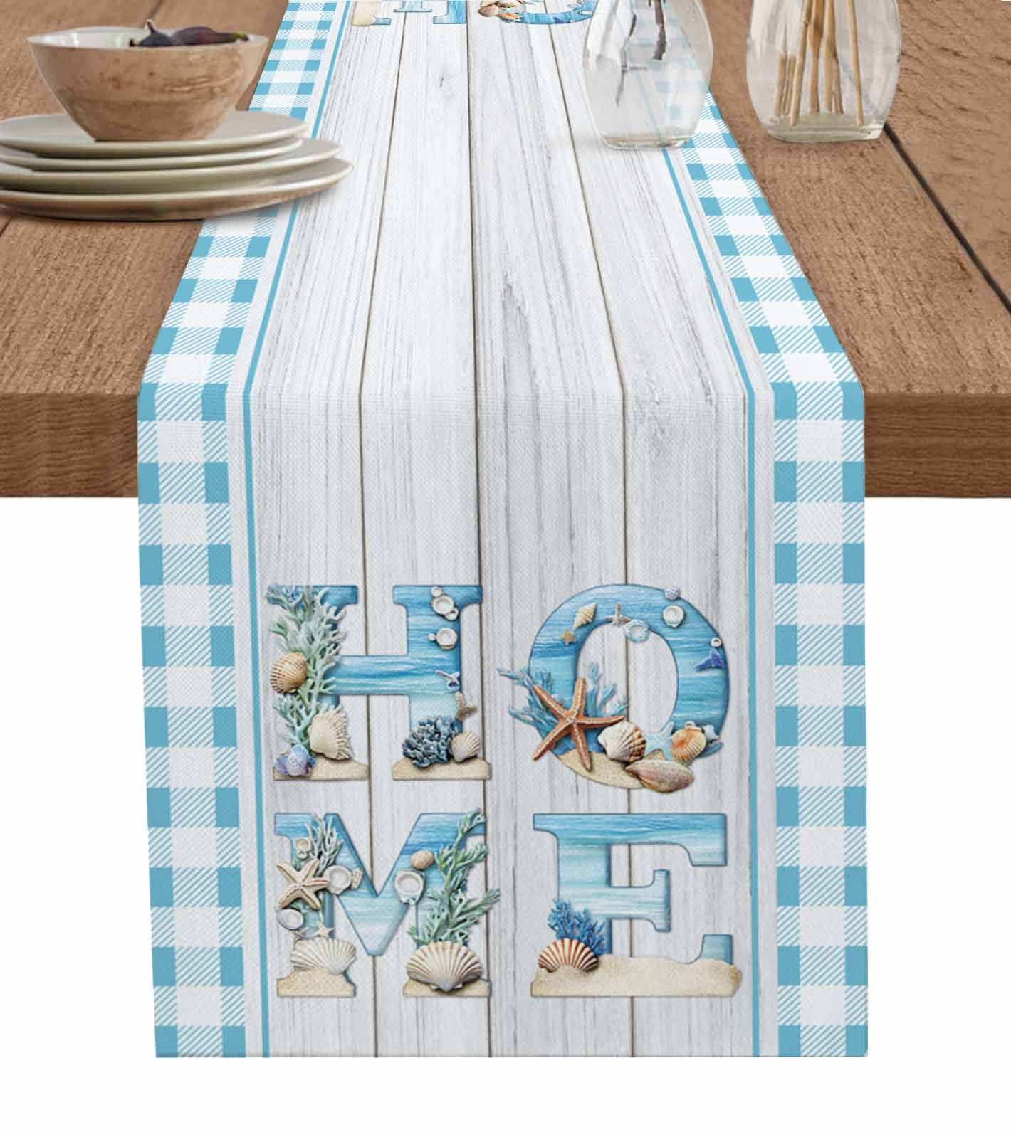 Coastal Summer Beach Table Runner Cotton Linen 108 Inch Holiday Dresser Scarves, Wood Grain Blue ...