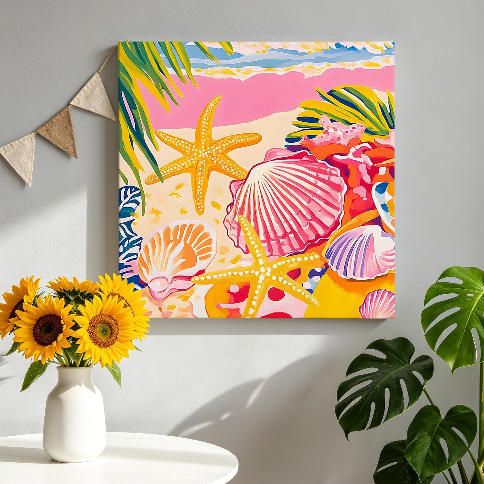 Coastal Summer Canvas Wall Art for Living Room, Yellow Starfish Pink ...