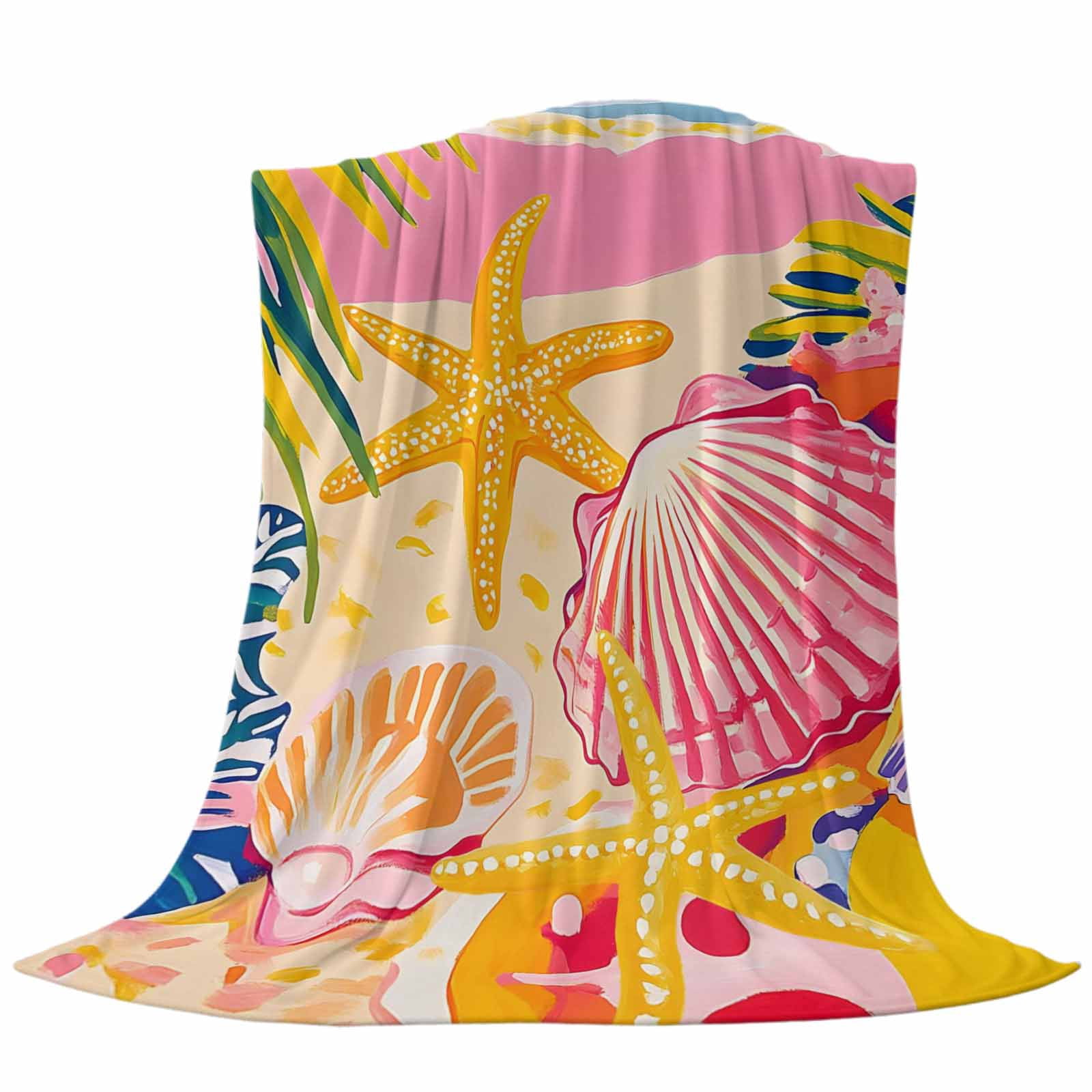 Coastal Summer Fleece Throw Blanket Lightweight Yellow Starfish Pink ...