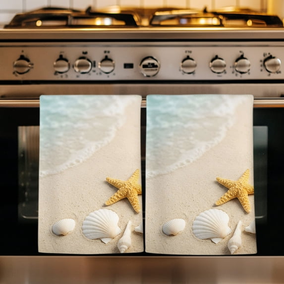 Coastal Summer Kitchen Towels Set of 3, Yellow Starfish Shells ...