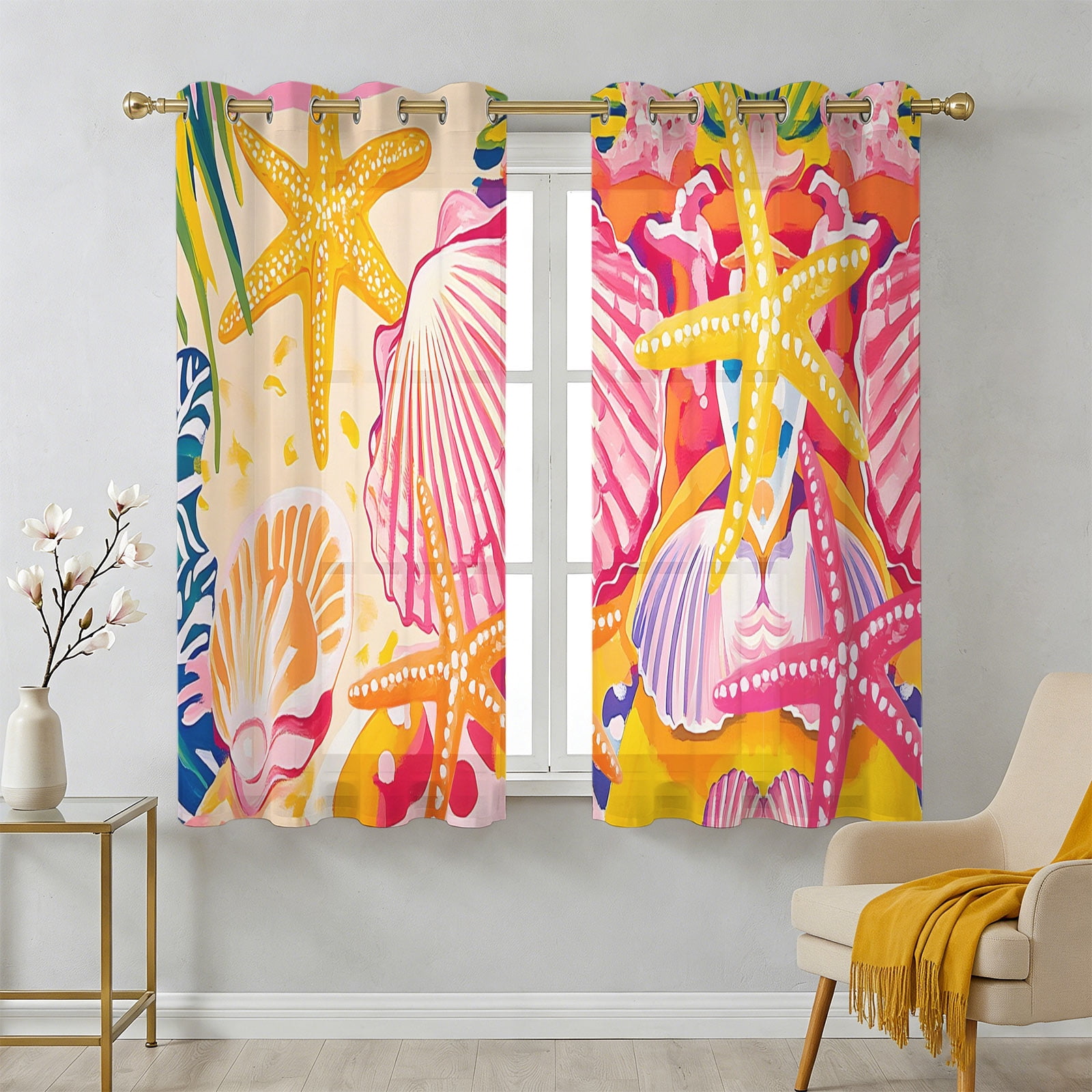 Coastal Summer Sheer Curtains 45 Inch Long 2 Panels, Yellow Starfish ...
