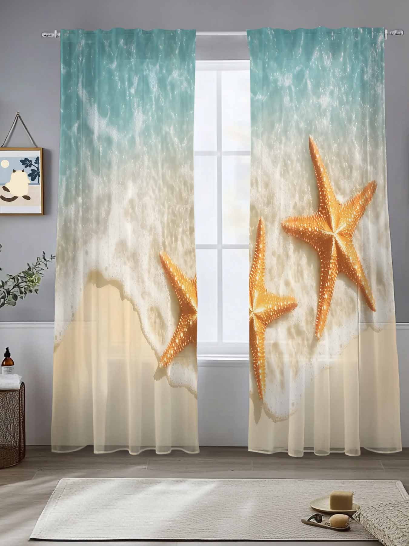 Coastal Summer Sheer Curtains for Living Room Bedroom Yellow Starfish ...