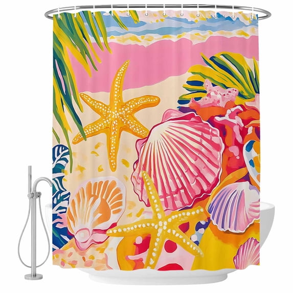 Coastal Summer Shower Curtain for Bathroom, Yellow Starfish Pink Shell ...