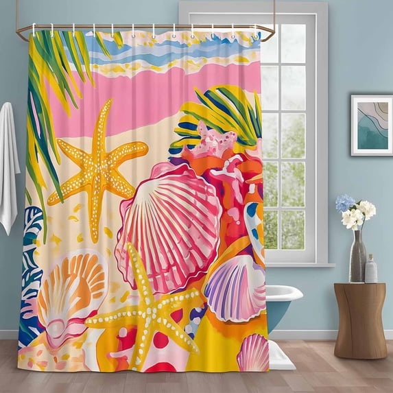 Coastal Summer Shower Curtain with Hooks, Yellow Starfish Pink Shell ...
