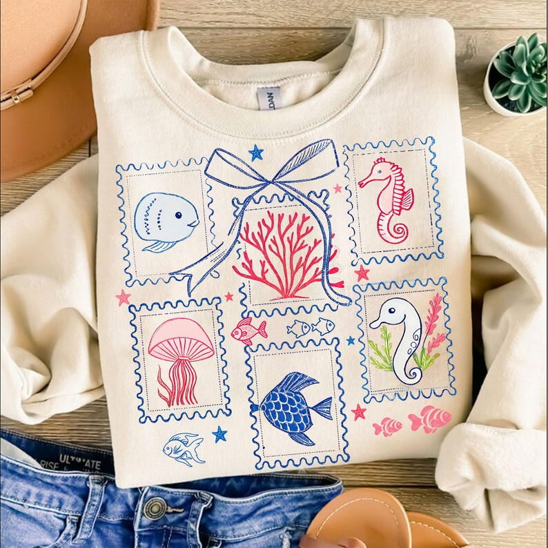 Coastal Summer Sweatshirt, Jellyfish Seahorse Crewneck, Aesthetic Beach ...