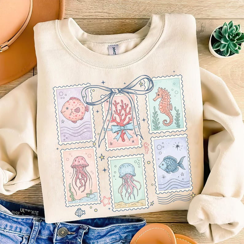 Coastal Summer Sweatshirt, Jellyfish and Seahorse Shirt, Trendy Beach ...