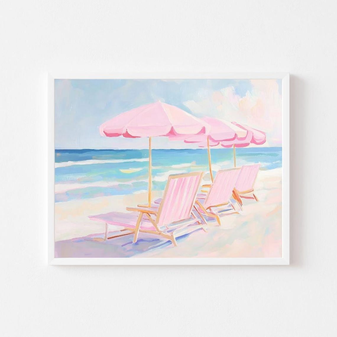 Coastal Summer Wall Art Pink Beach Chairs Print, Stretched Canvas Size ...
